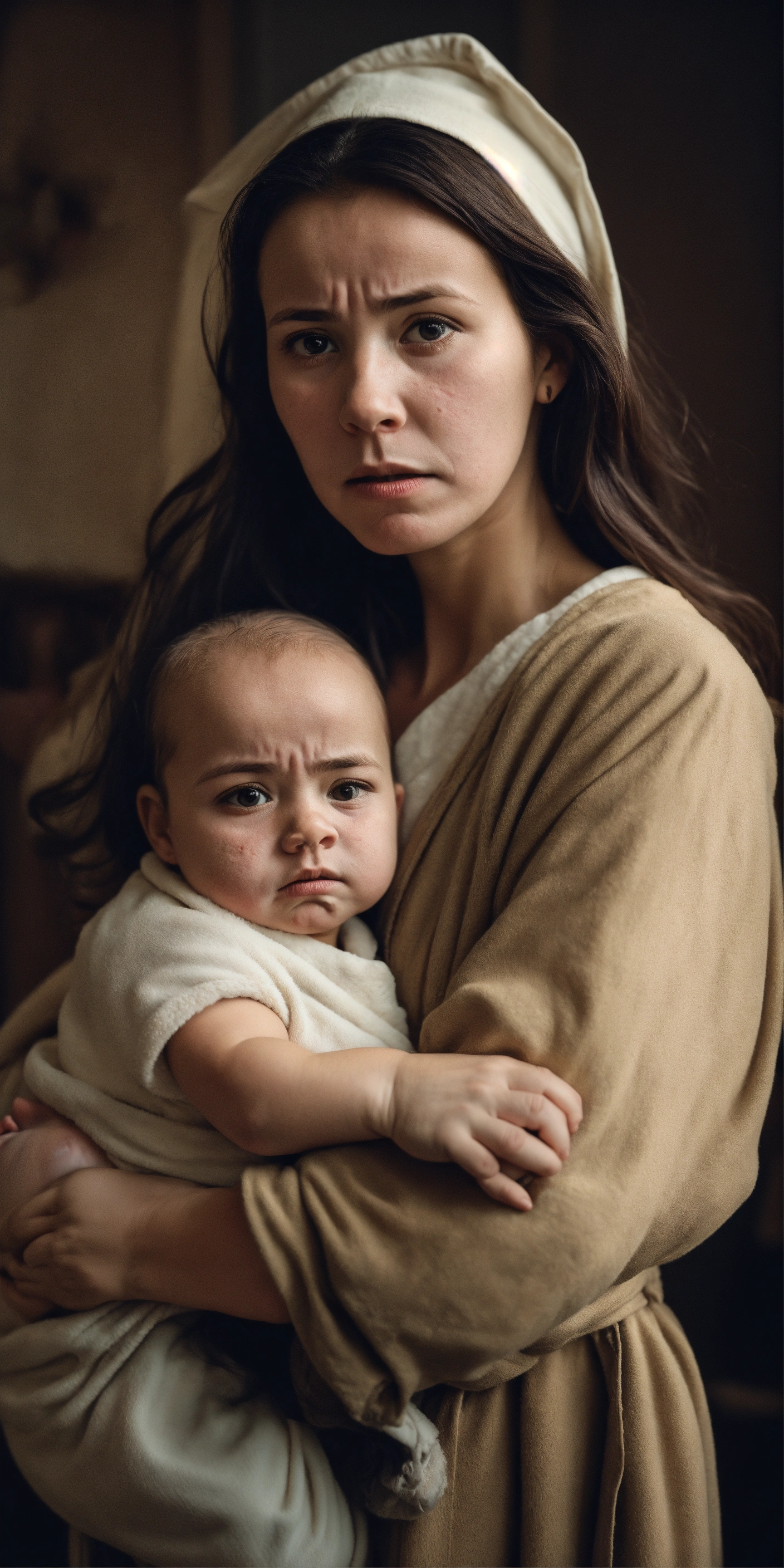 Lexica - A sad woman in a housecoat with a sad and pitiful face holds ...