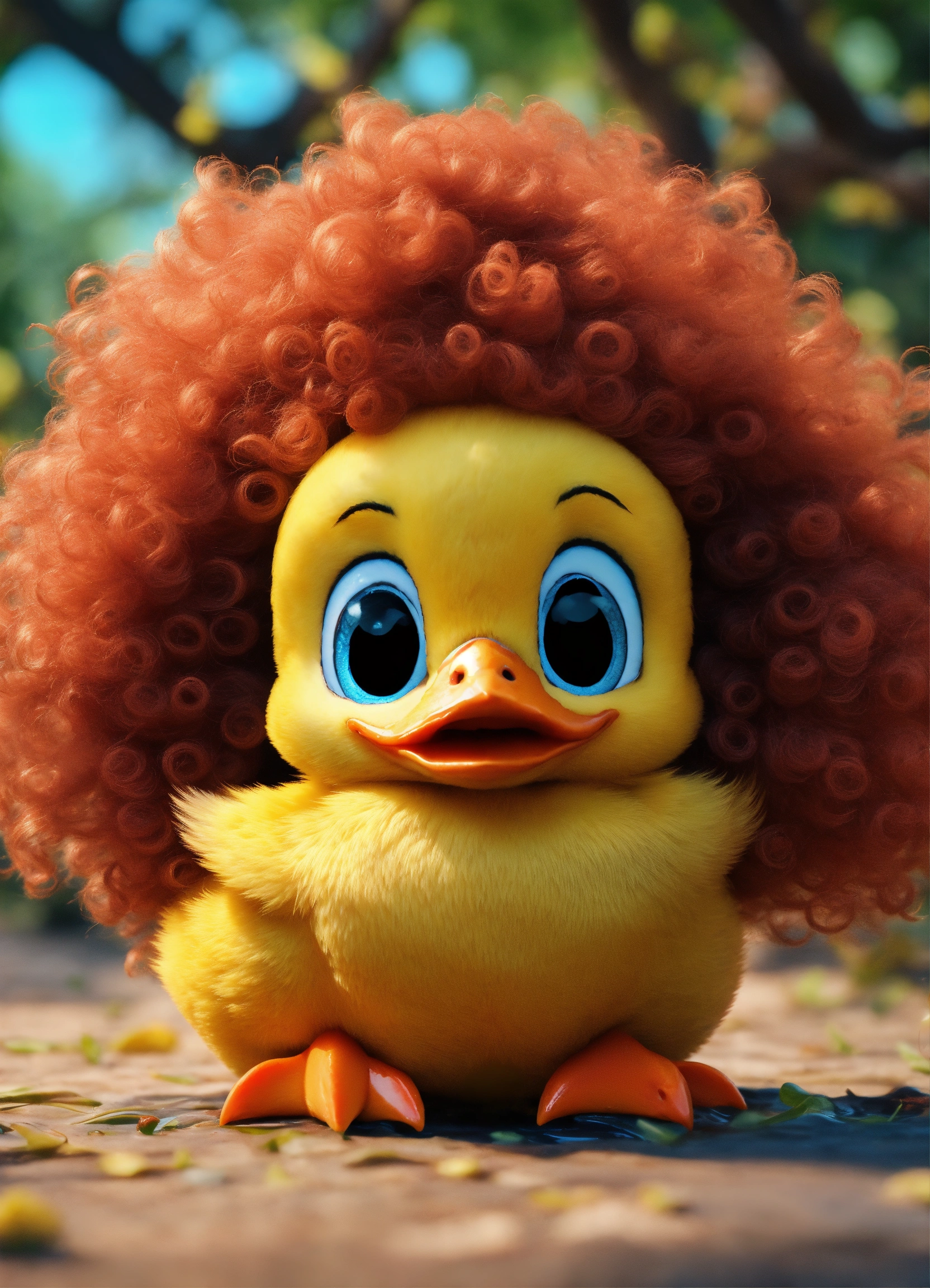 Lexica - A cute baby duck with big blue eyes and long long red curly ...