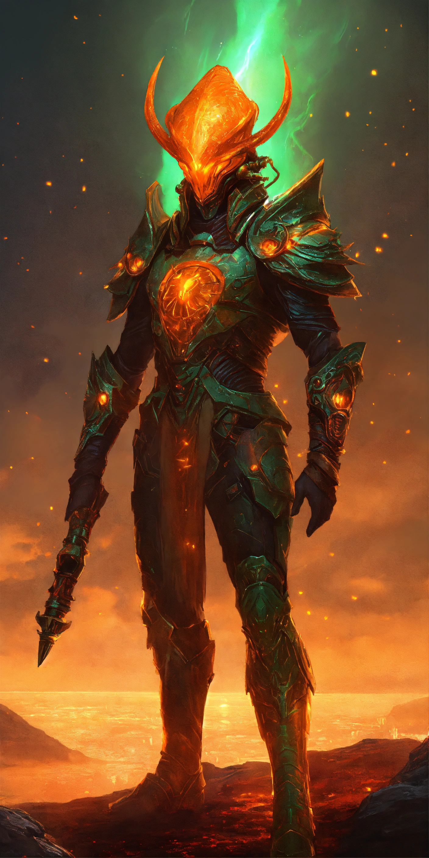 Lexica - Alien warlord king with glowing orange energy.