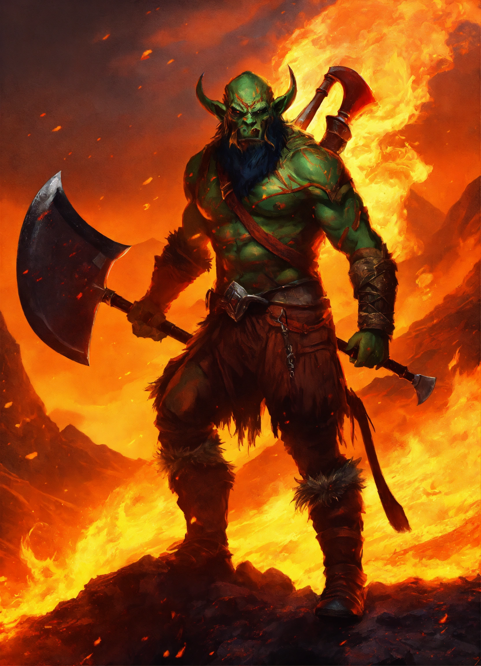 Lexica - Semi-orc with axe in one hand and staff in fire in the other ...