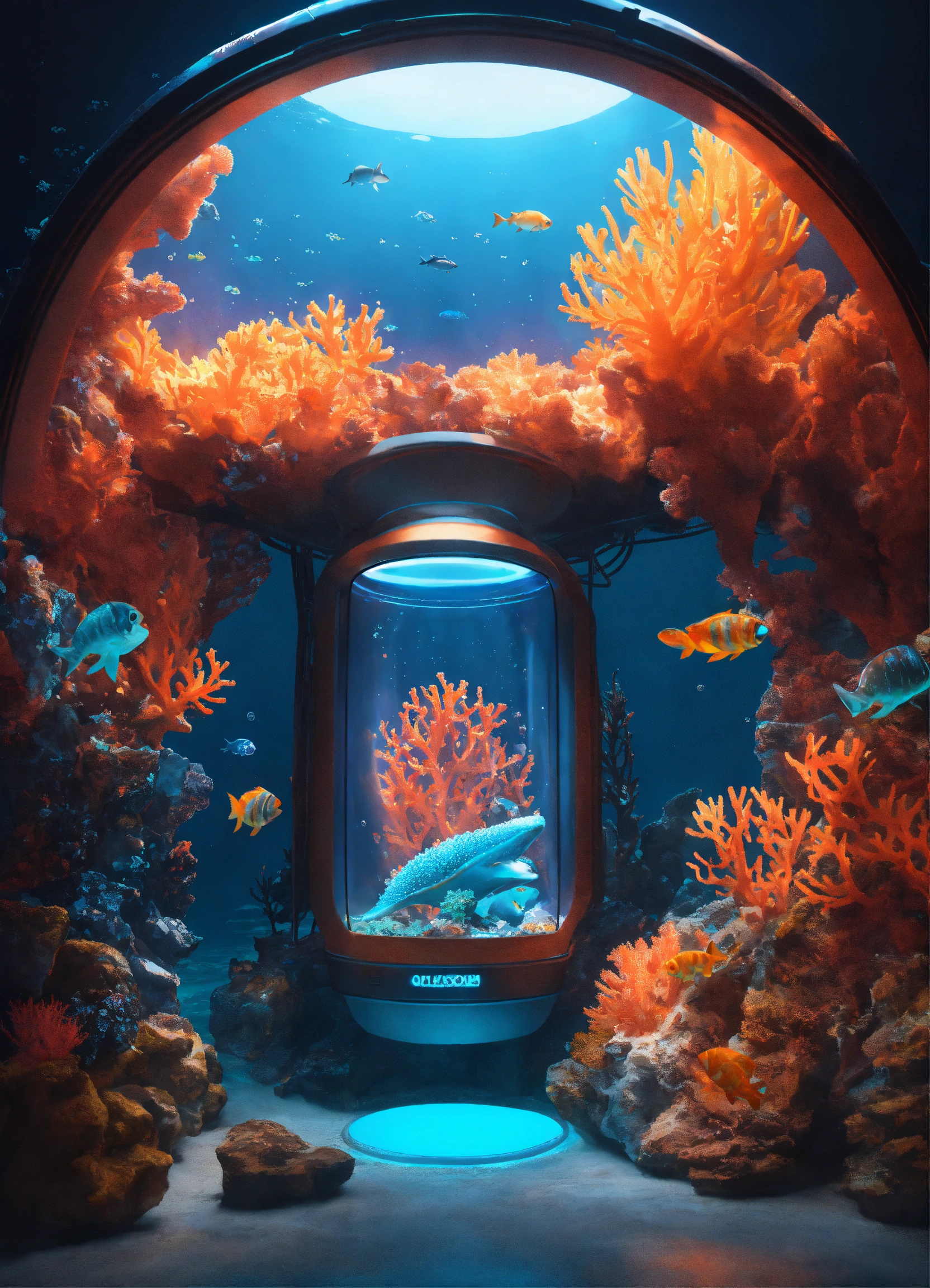 Lexica - A glowing orange coral inside a sci-fi tube with clear blue ...