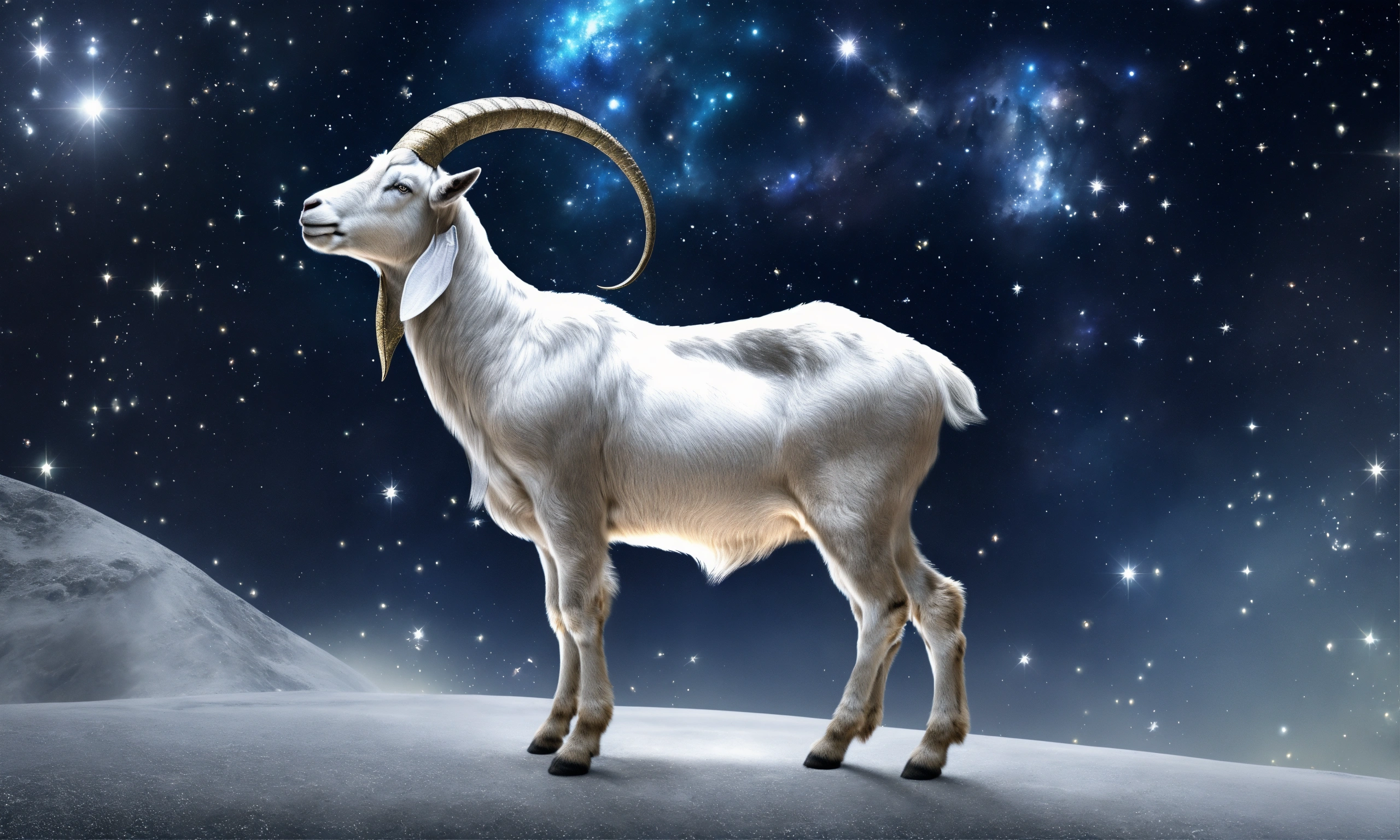 Lexica - Silver goat, zodiac sign, white, silver, universe background ...