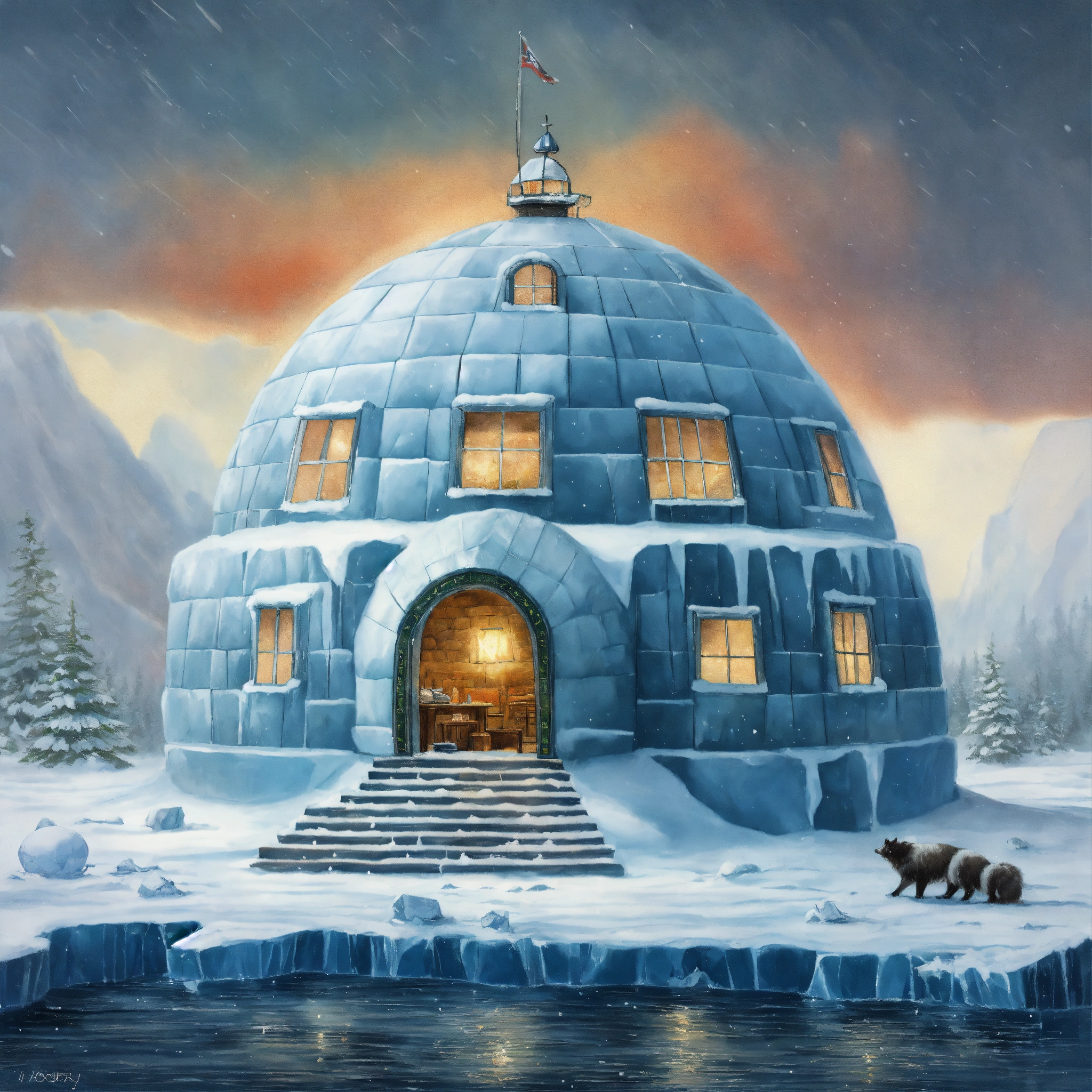 Lexica - A detailed illustration of a igloo on a floating iceberg in a ...