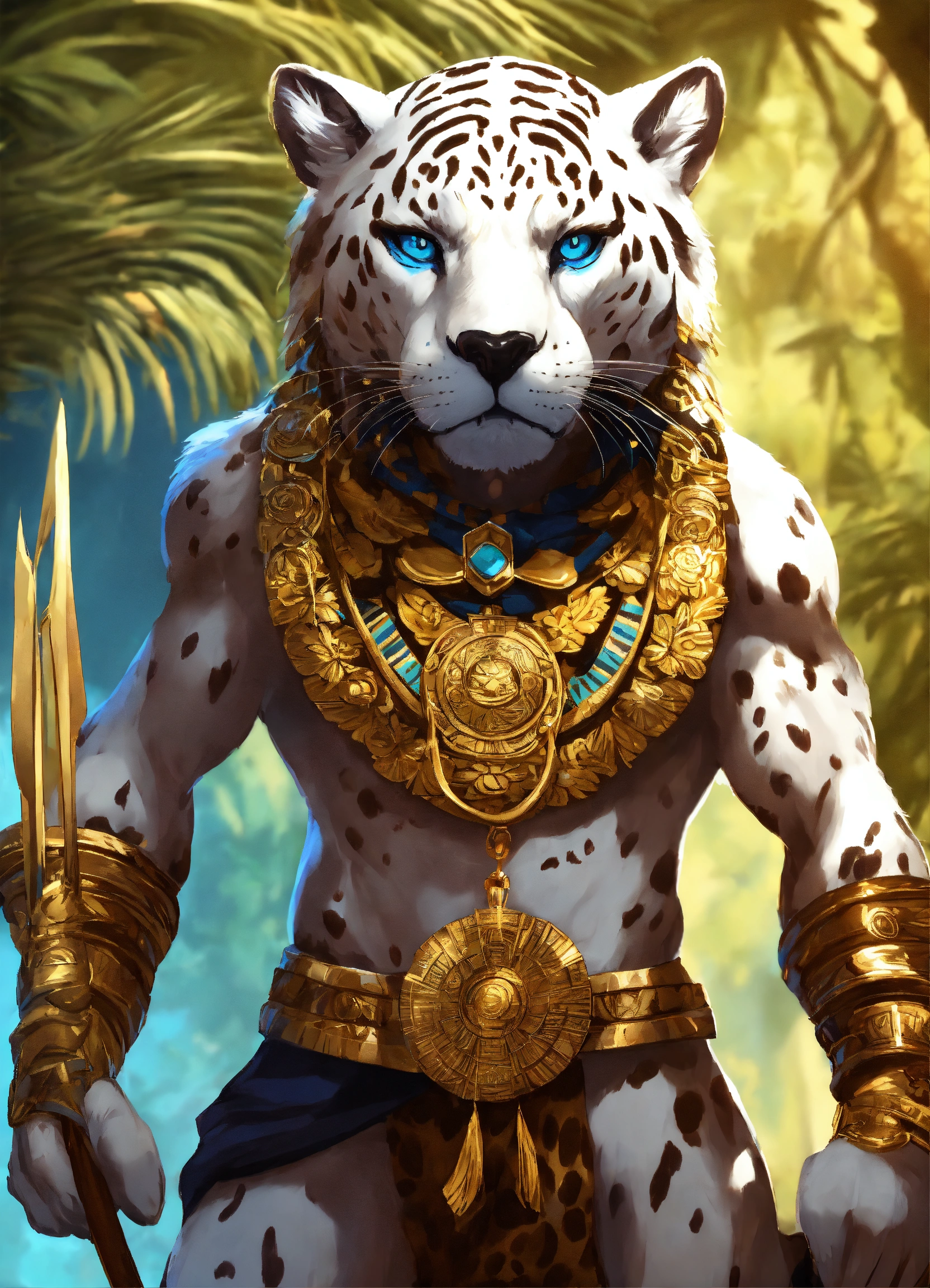 Lexica - Jaguar anthromorph, white fur gold rosette spots, blue eyes ...