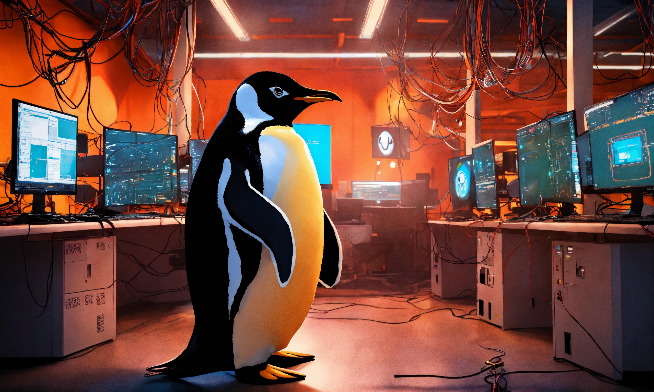 Lexica - A penguin dressed up as a minotaur. Standing in a computer lab ...