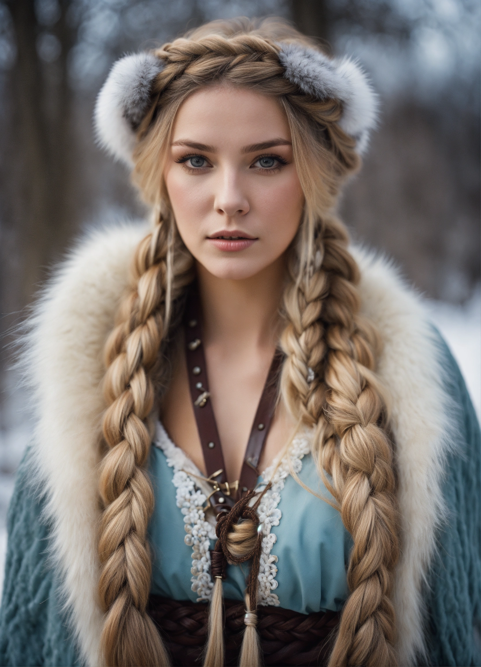 Lexica - "beautiful viking maiden", large braids, winter, furs,