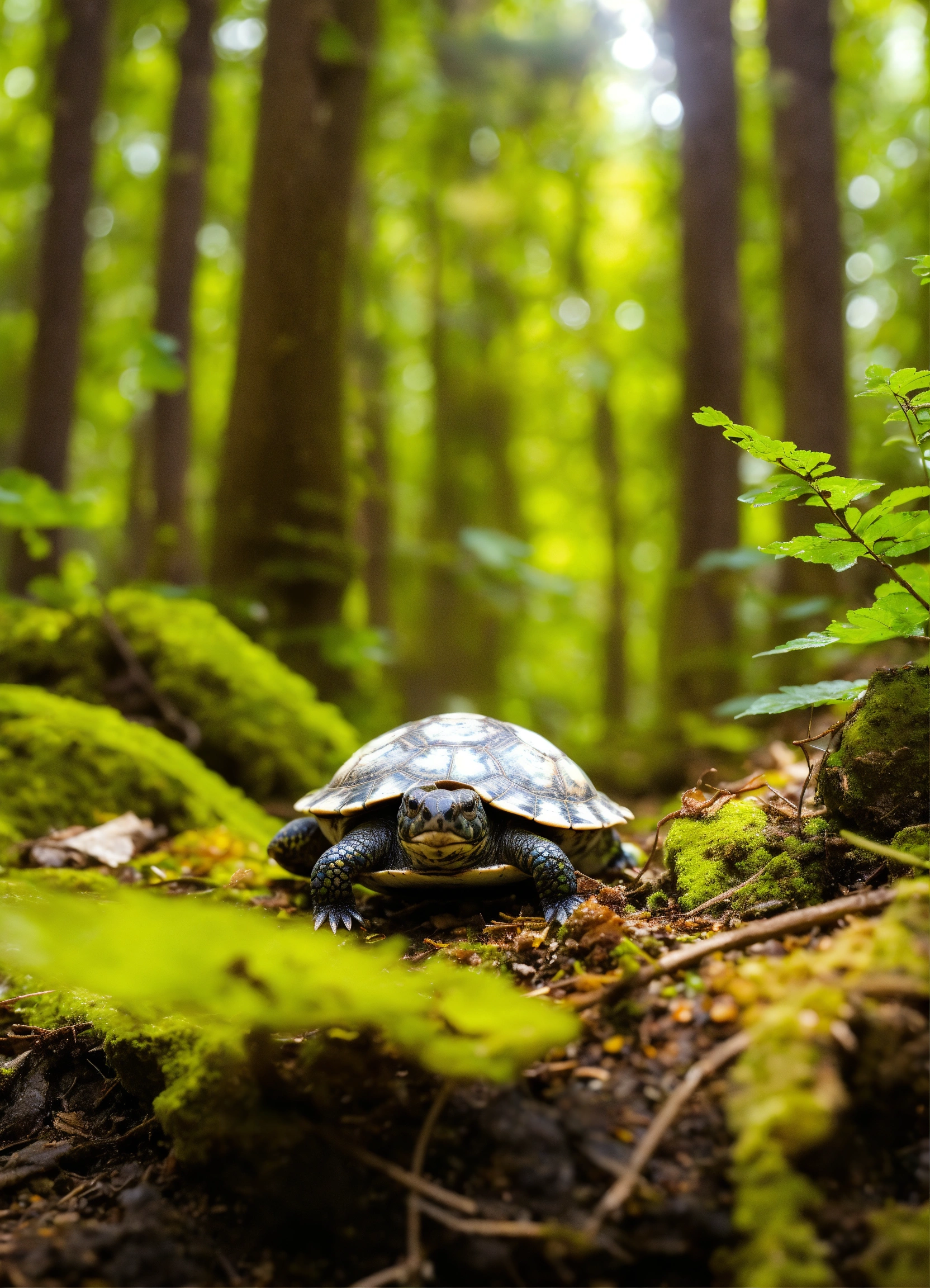 Lexica - A small terrapin with a checkerboard shell crawling in the forest.