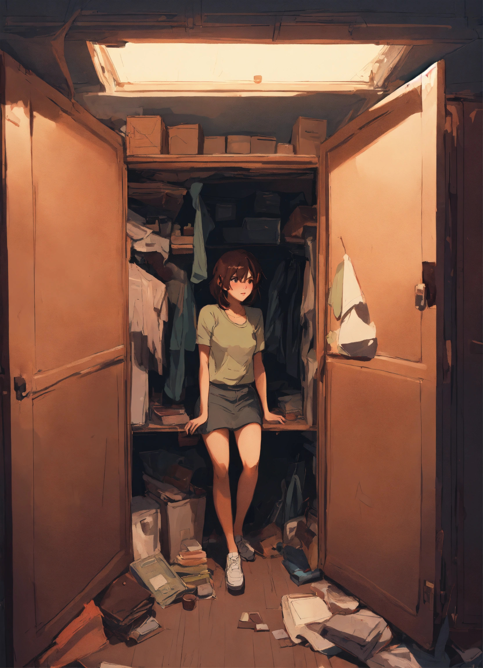 Lexica - Anime woman hiding in a dark cramped closet, high angle ...