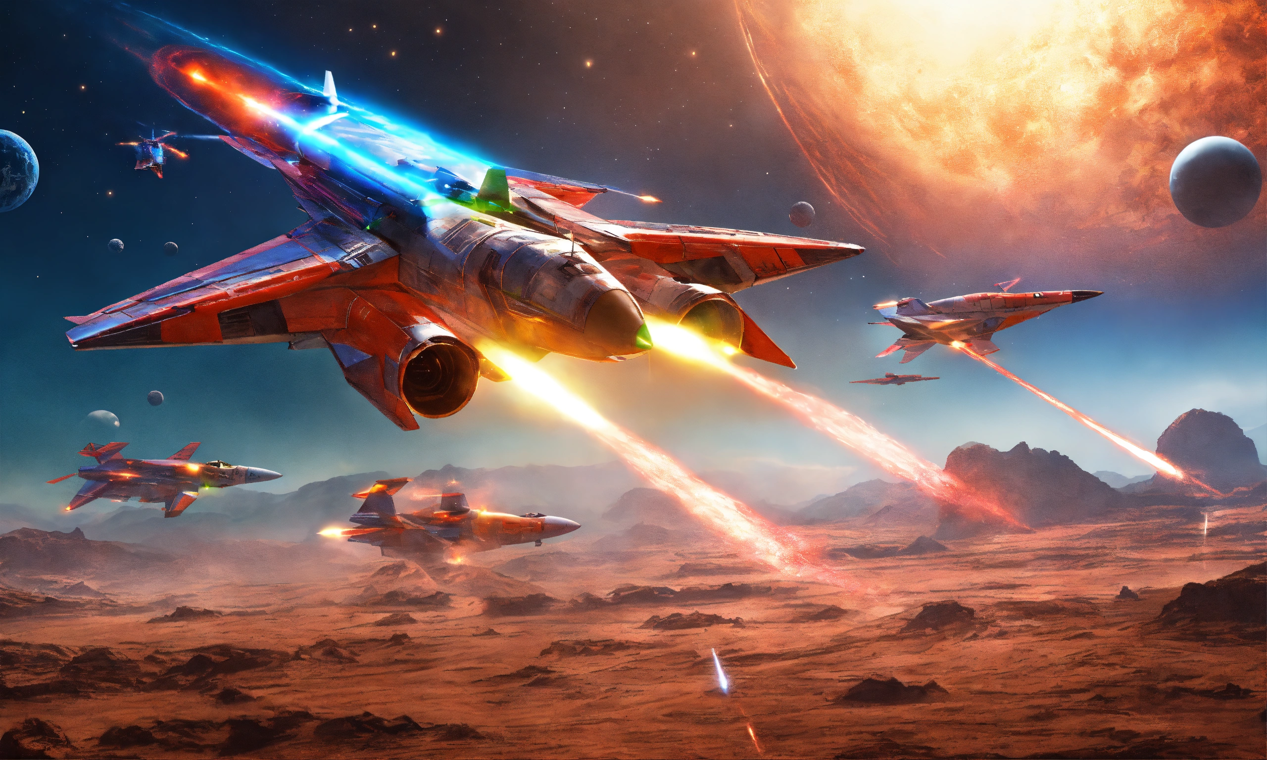 Lexica - Space fighter plane firing lasers at other planes on alien planet,