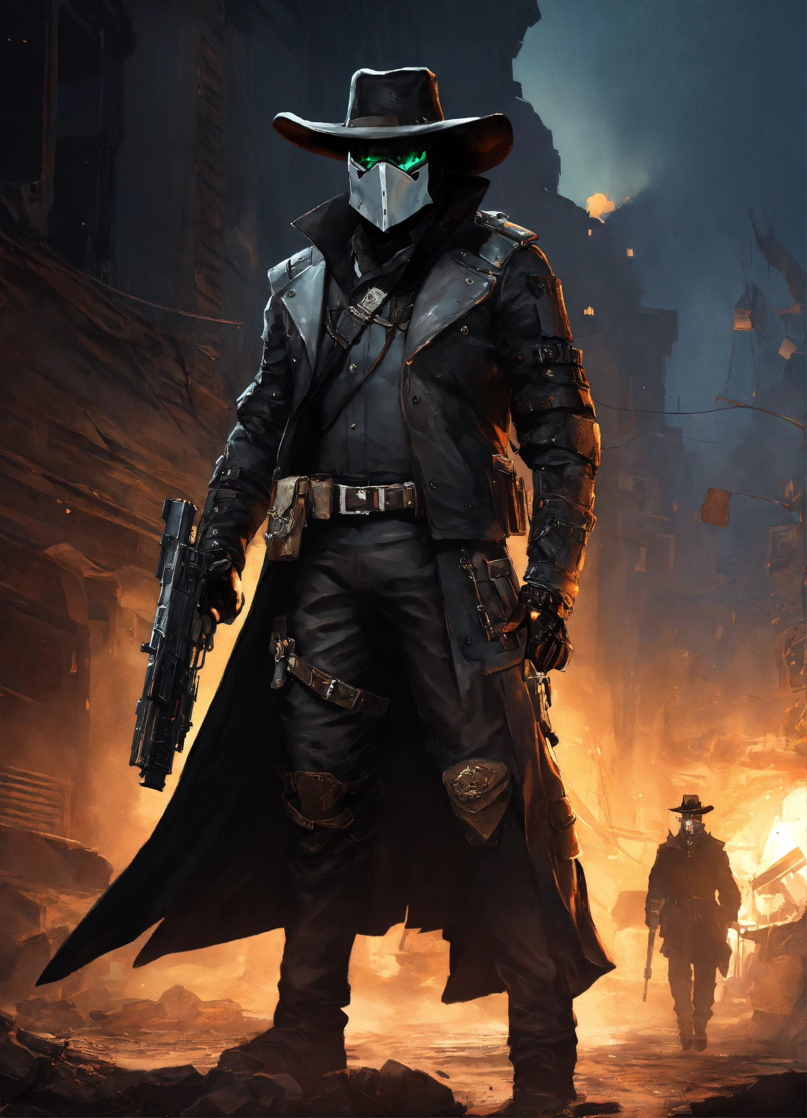 Lexica - In a ruined city, a white bounty hunter in an black armored ...