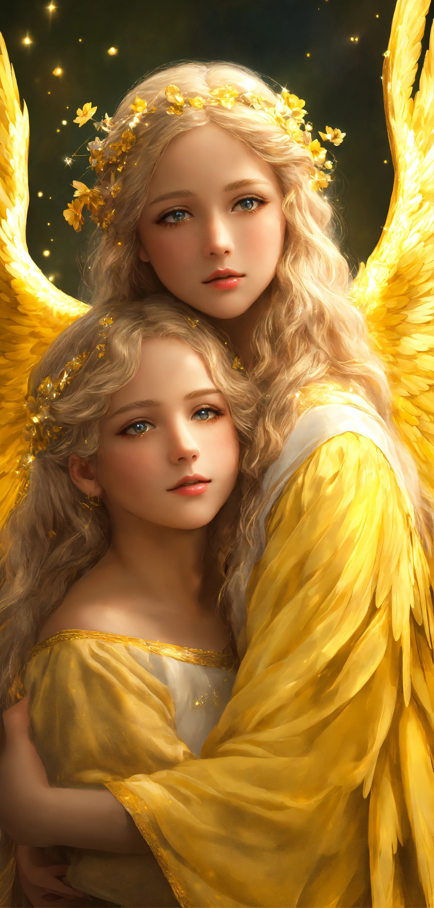 Lexica - 2 Guardian angel hugging a beautiful and defined little angel ...