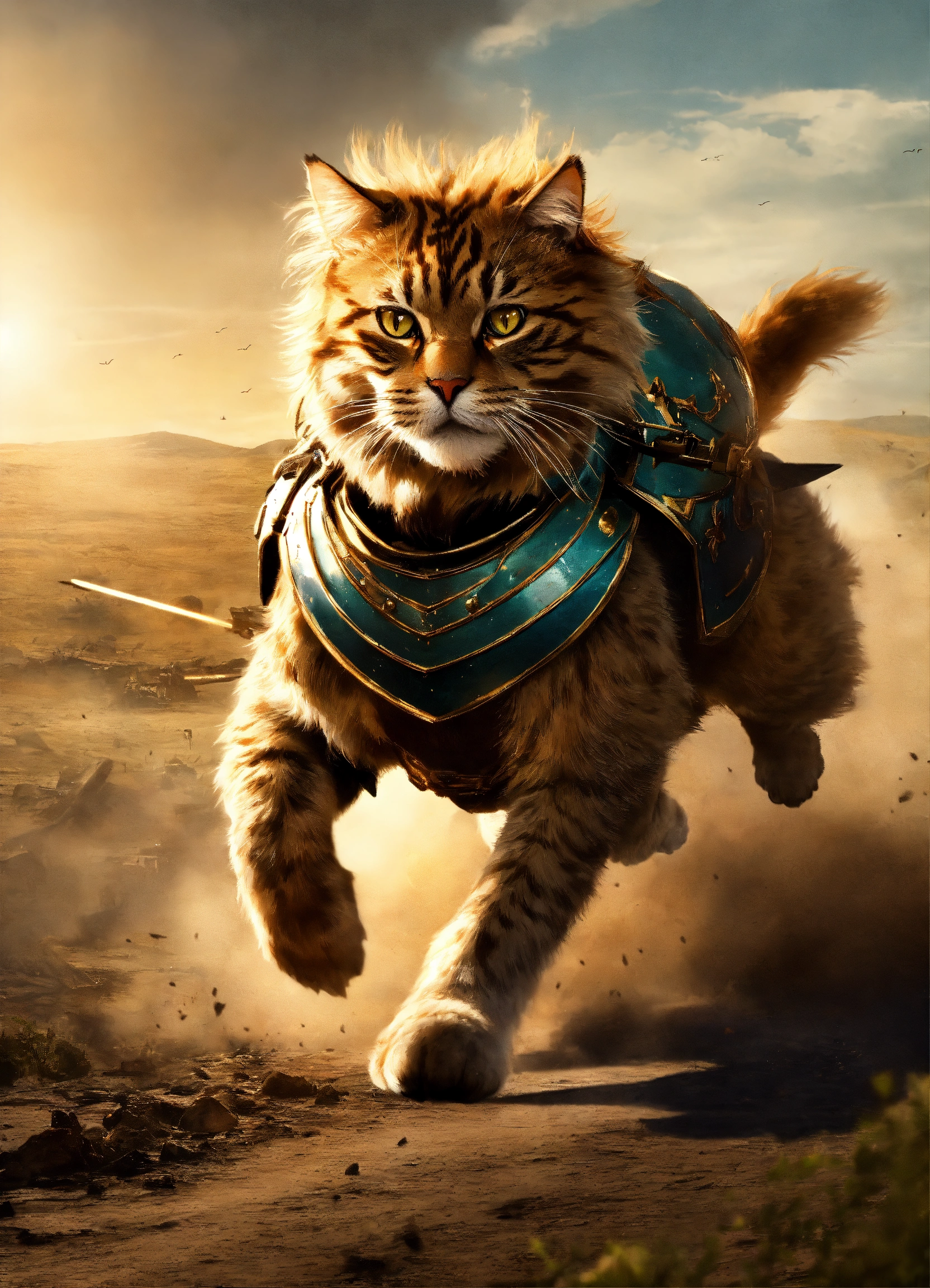 Lexica - A battle cat wearing armor, running across a battlefield ...