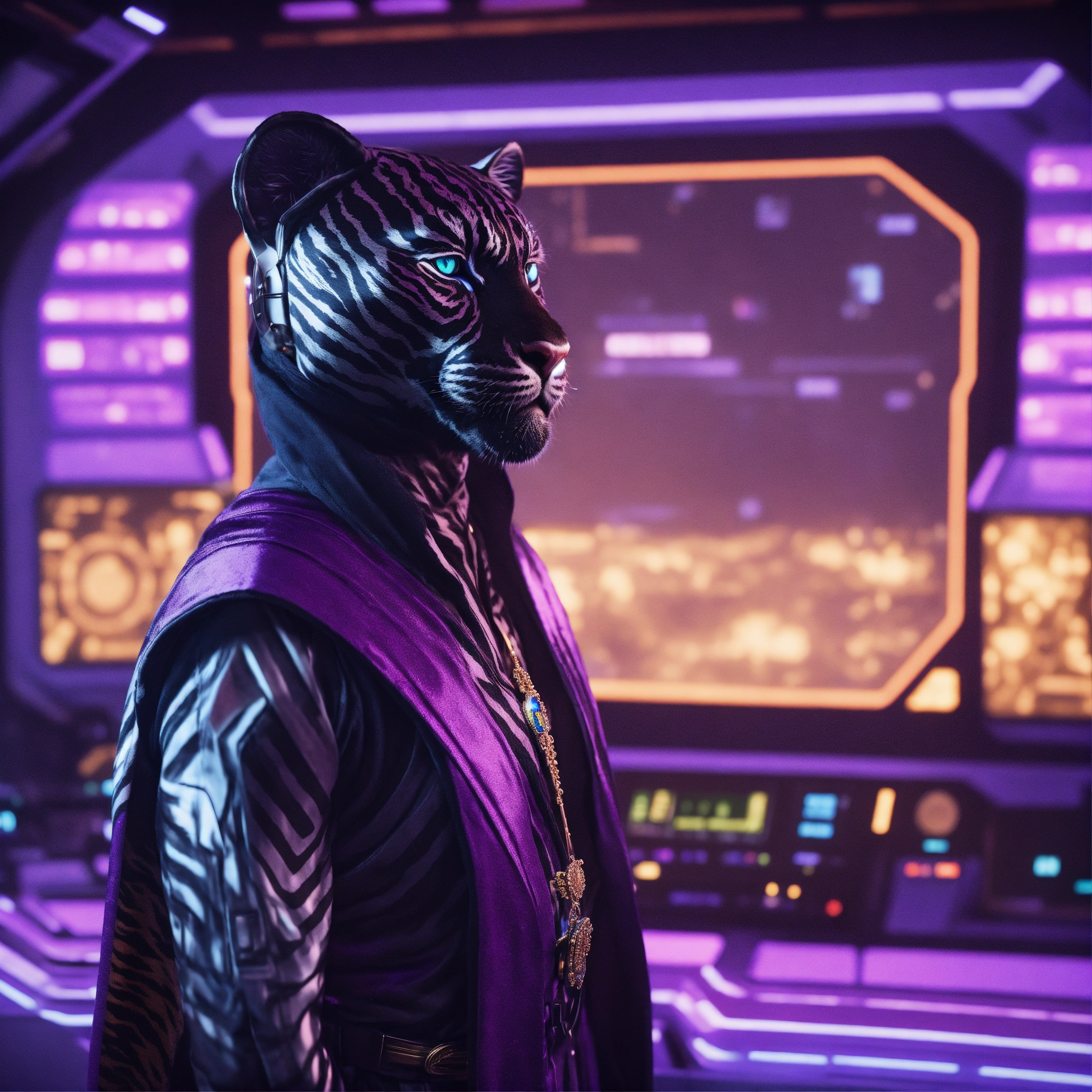 Lexica - Zoom out from a male black tiger faced humanoid with purple ...