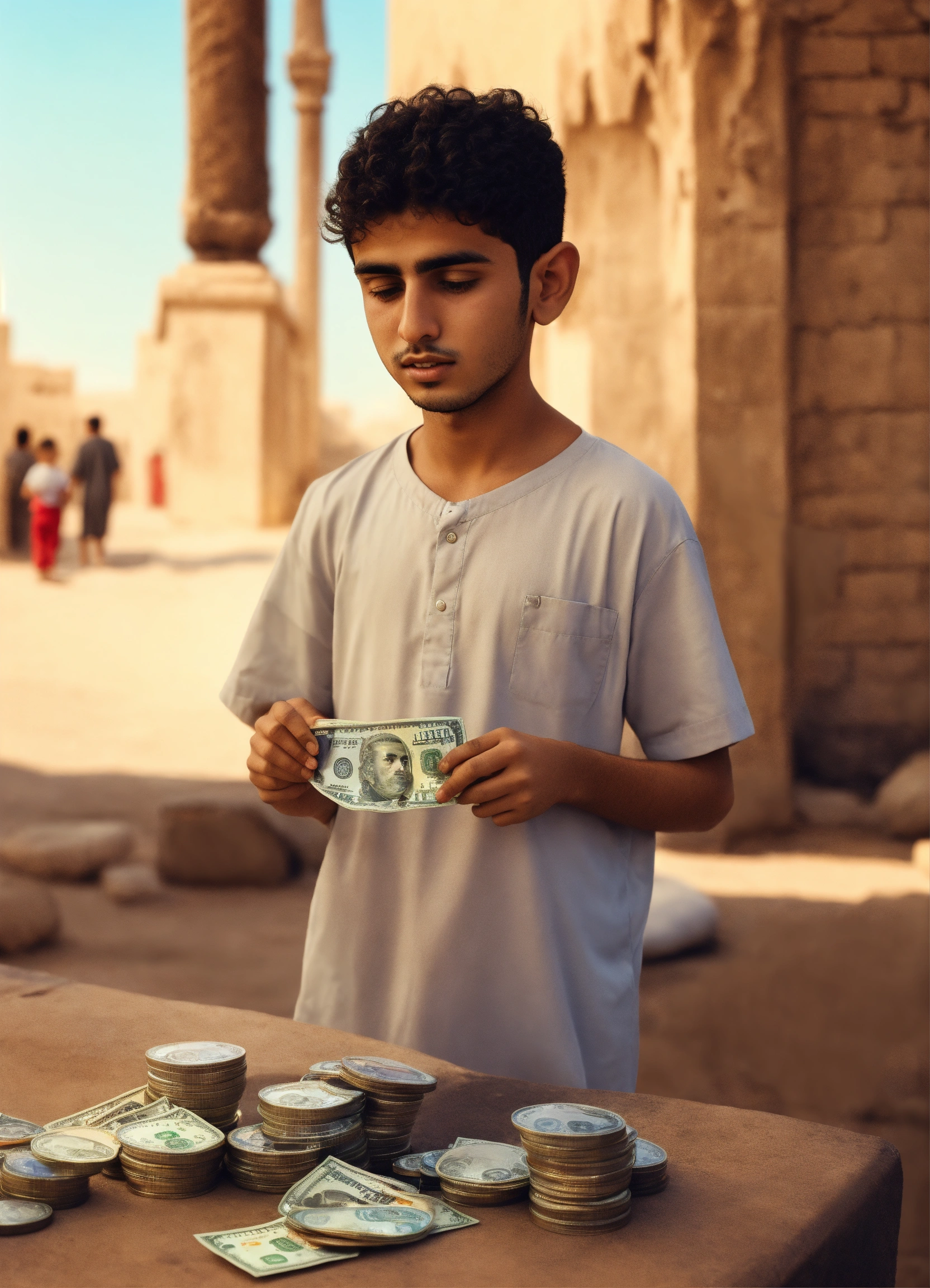 Lexica - Young arab man gives money to poor kid, realistic 4k