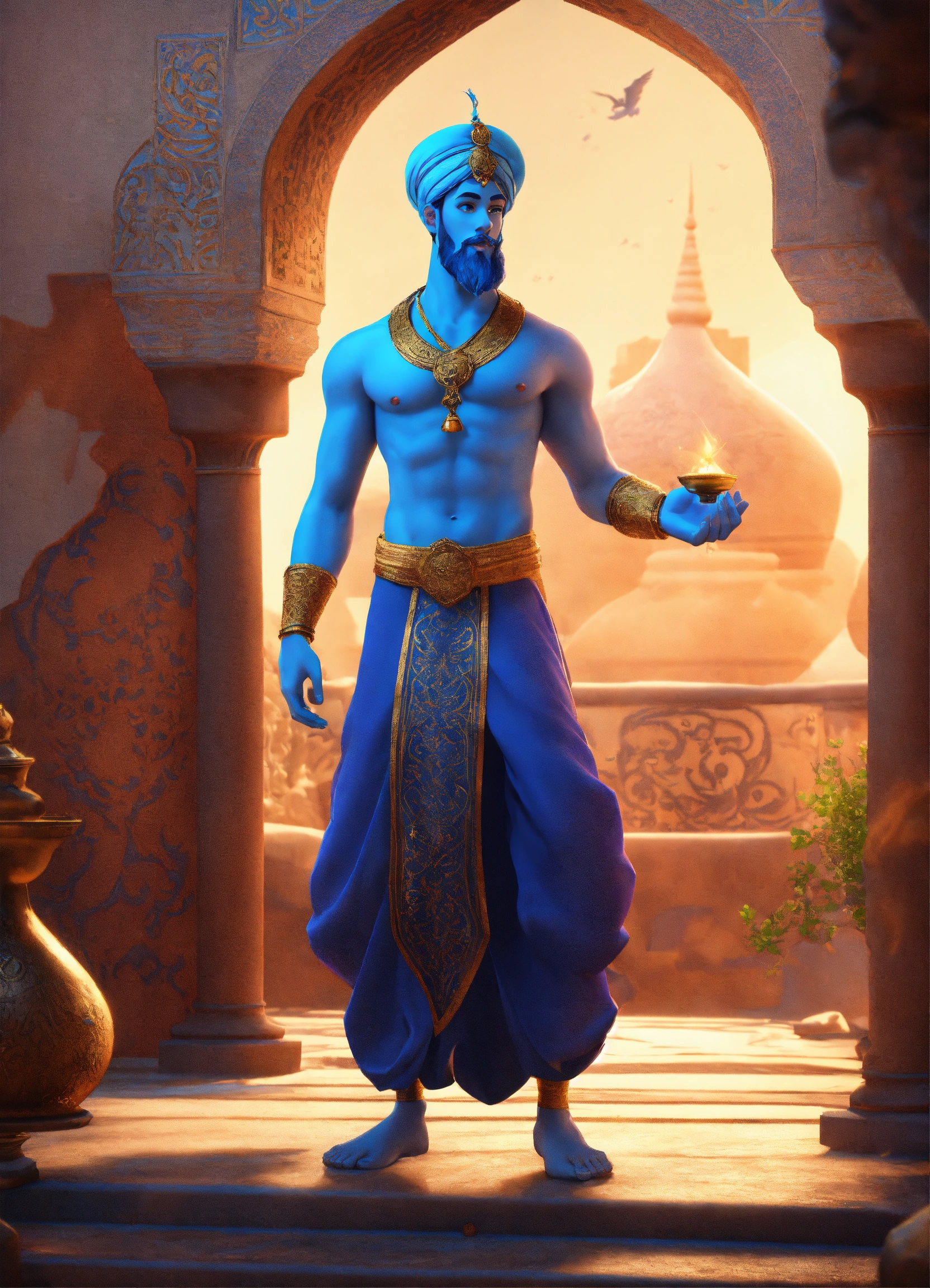 Lexica - Create a 3D rendering of a magical Arabian male genie with ...