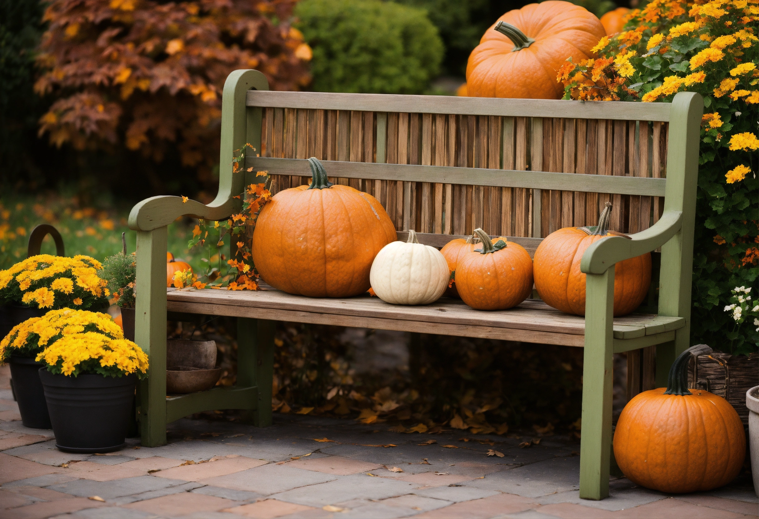 Lexica - Create a cozy autumn scene with a wooden bench, pumpkins, and ...