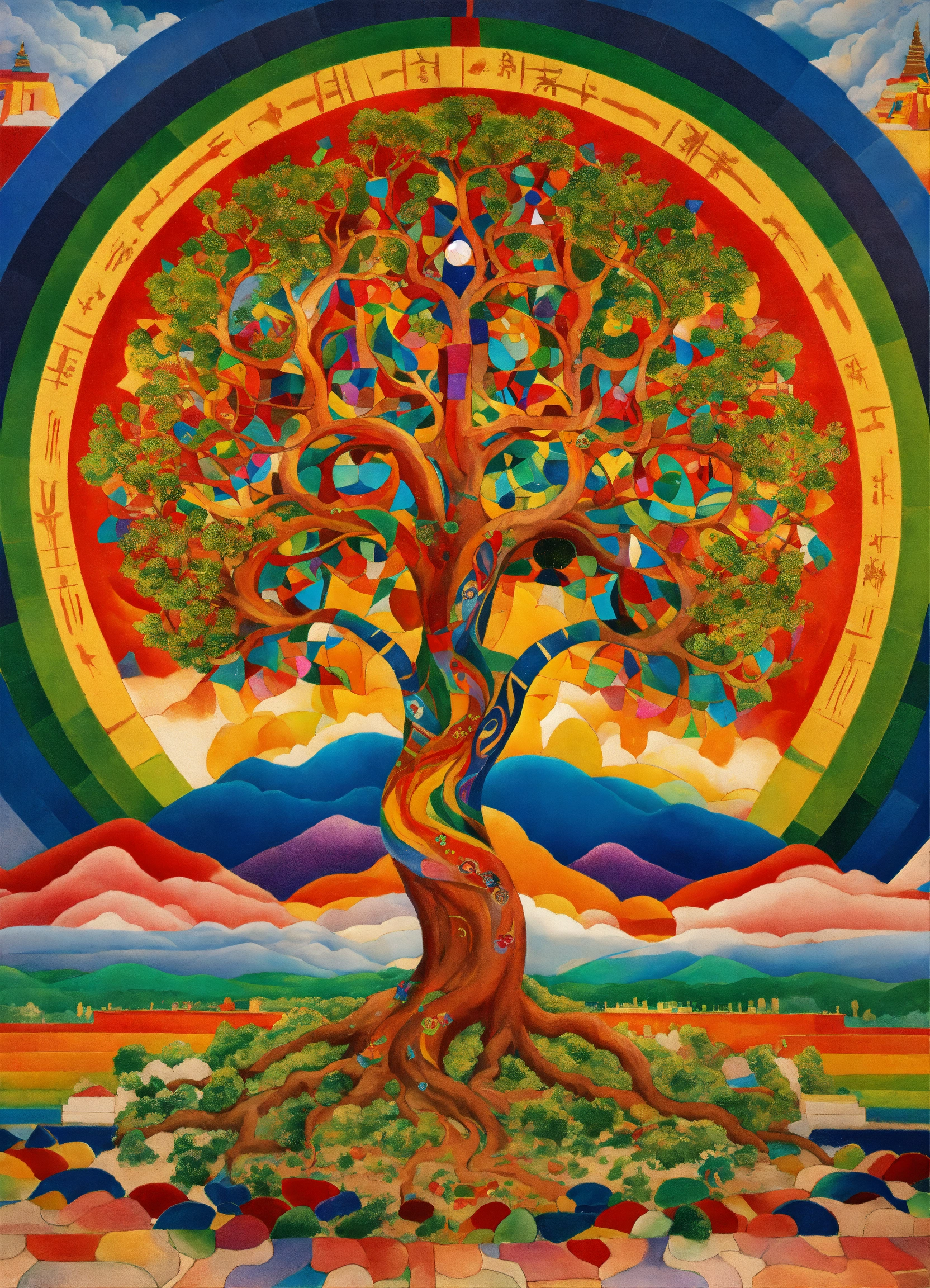 Lexica - The tree of life in Tibet with rainbow geometrical shape flooring