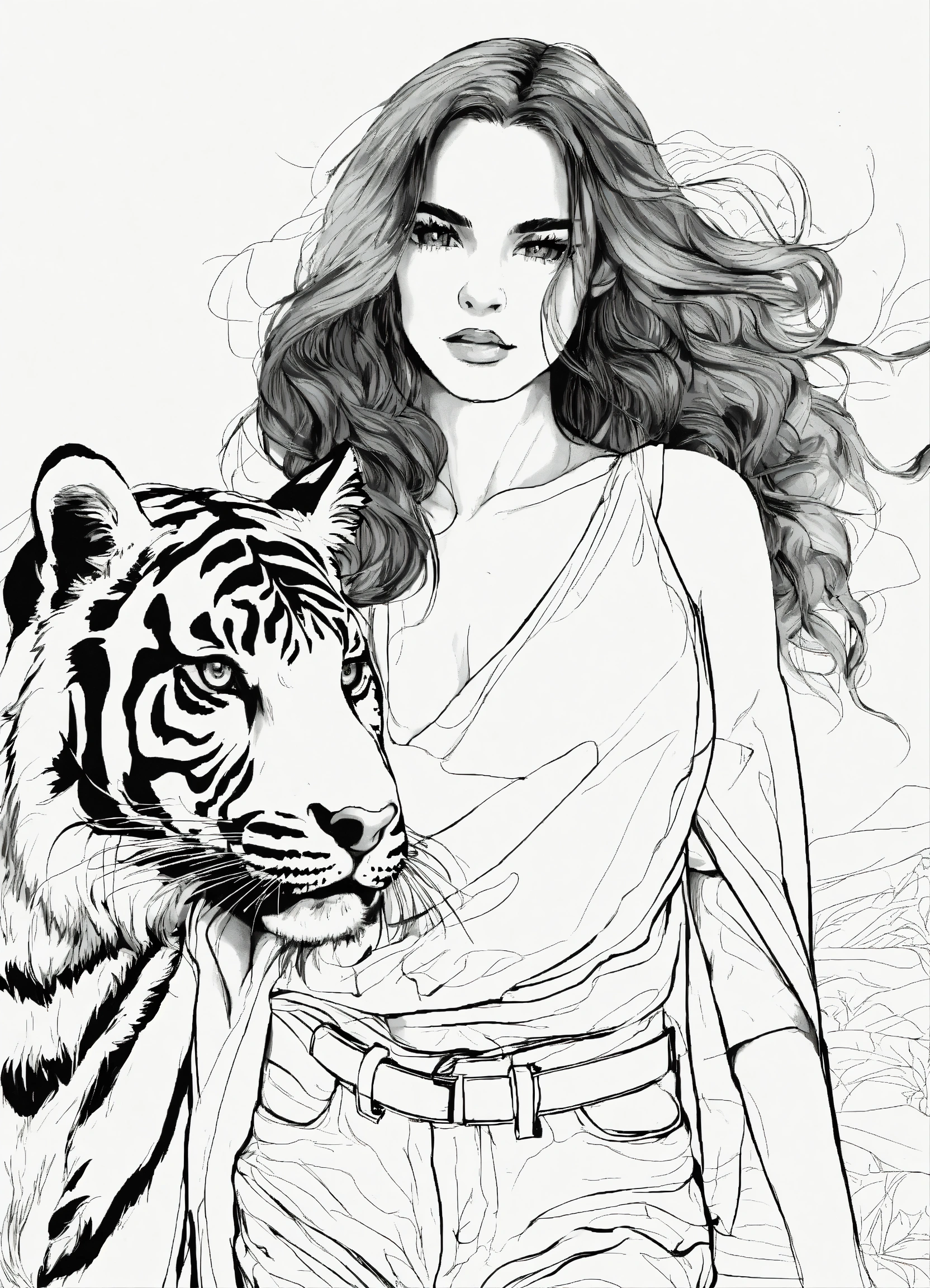 Lexica - Black and white bold line drawing, woman, with tiger, upper ...