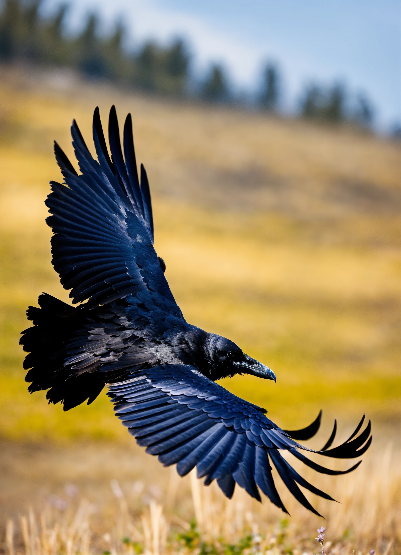 Lexica - Raven flying, wings down, close up face