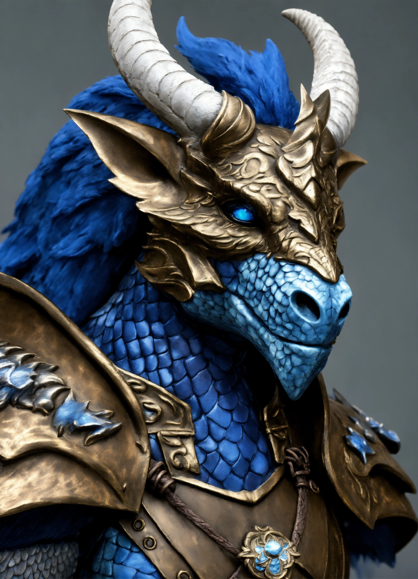 Lexica - Dragonborn, male, bronze, silver chest scales, white blue horns