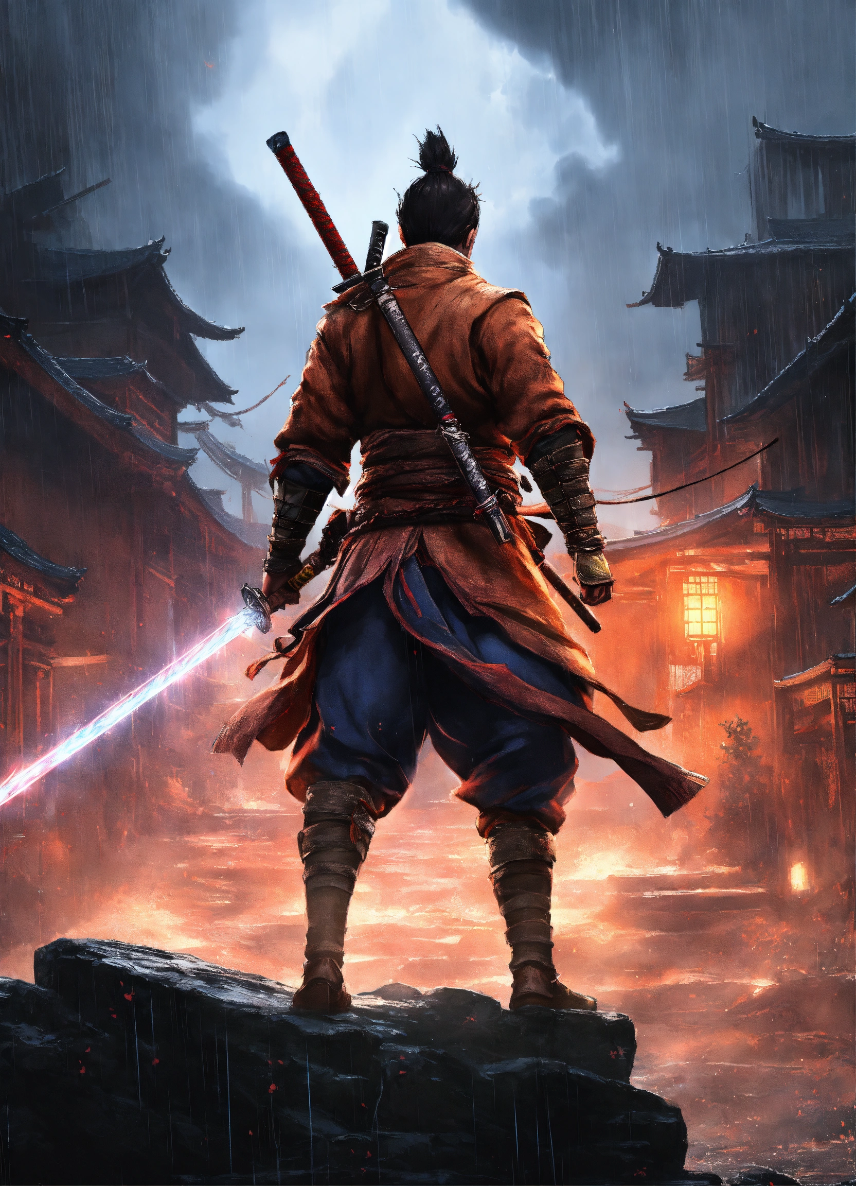 Lexica - Animated. Sekiro with laser sword in a storm.