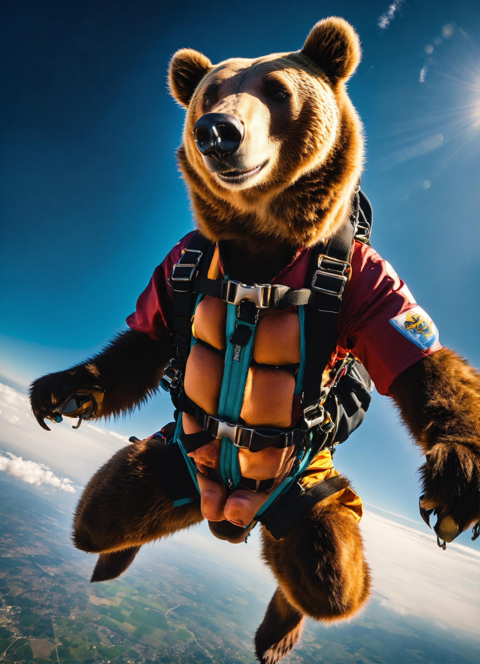 Lexica - Grizzly bear skydiving, parachute, wearing goggles, best ...