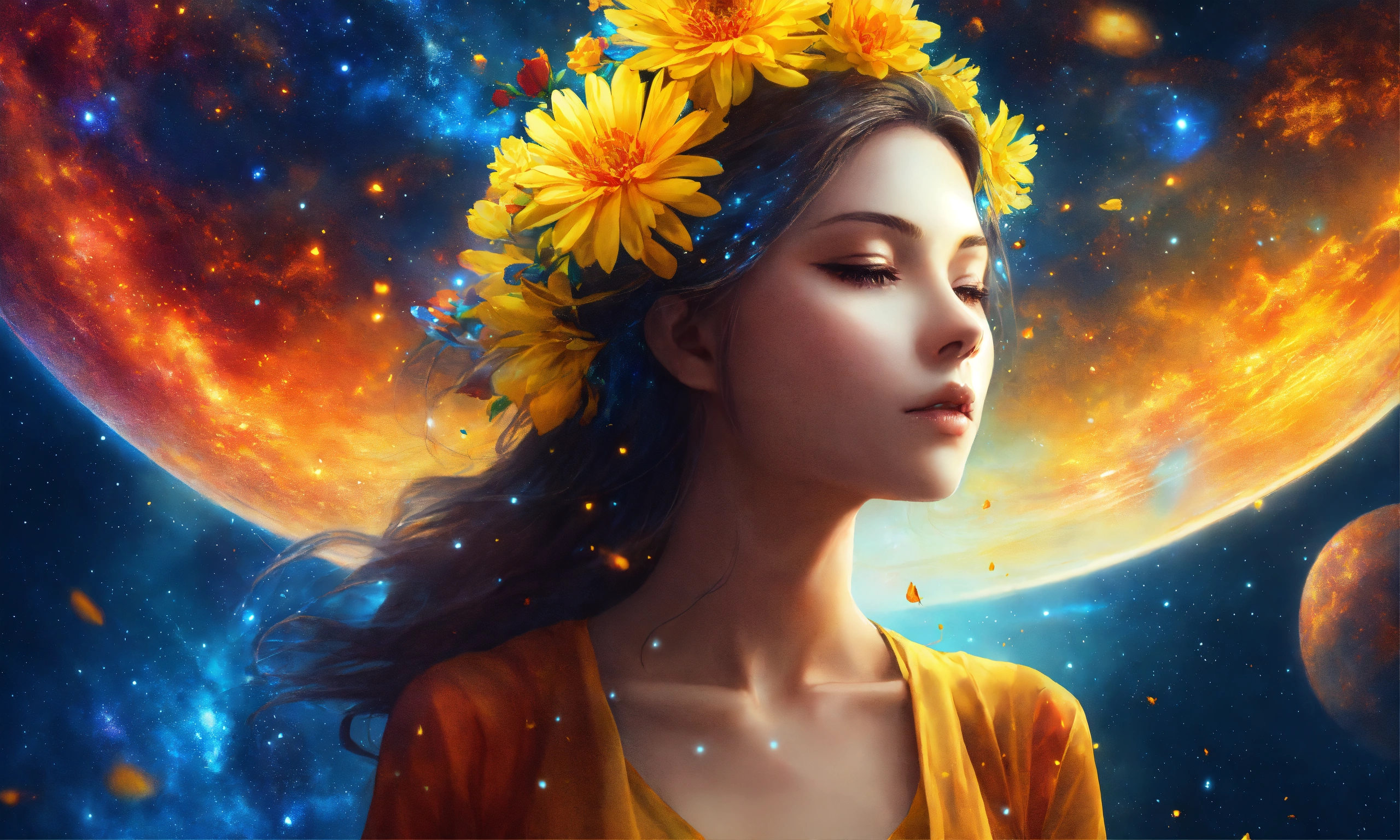 Lexica - Beautiful girl in Meditation, yellow and red flowers around ...