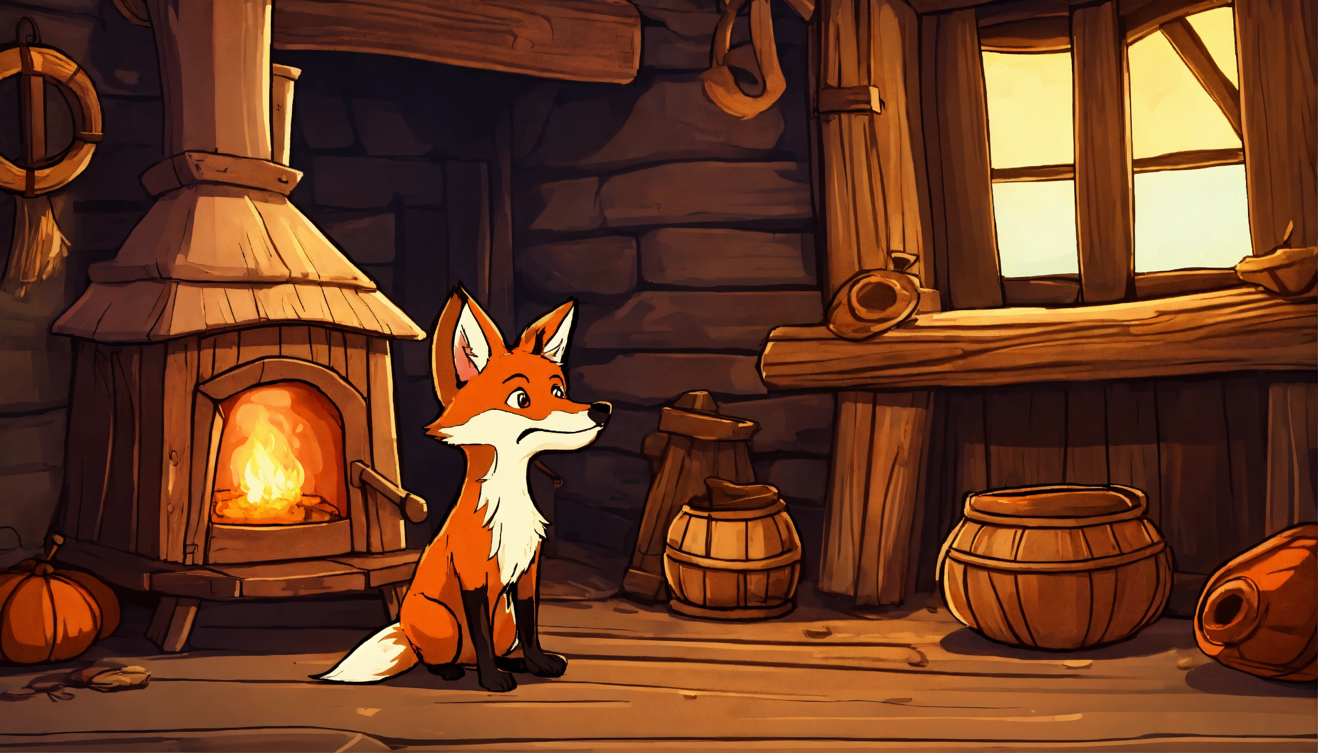 Lexica - Cartoon style scared fox is sitting near the medieval-style ...