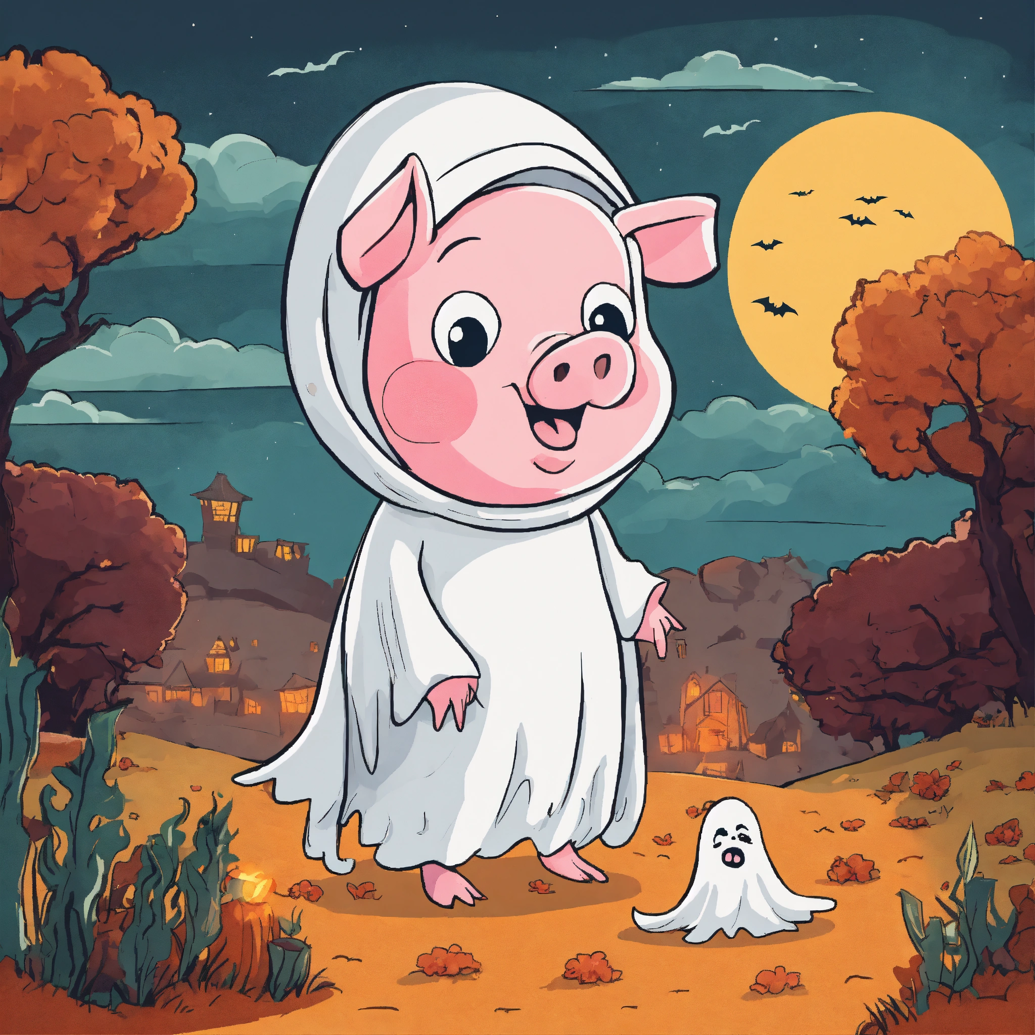 Lexica - Cartoon drawing of a pig disguised as a ghost on a halloween ...