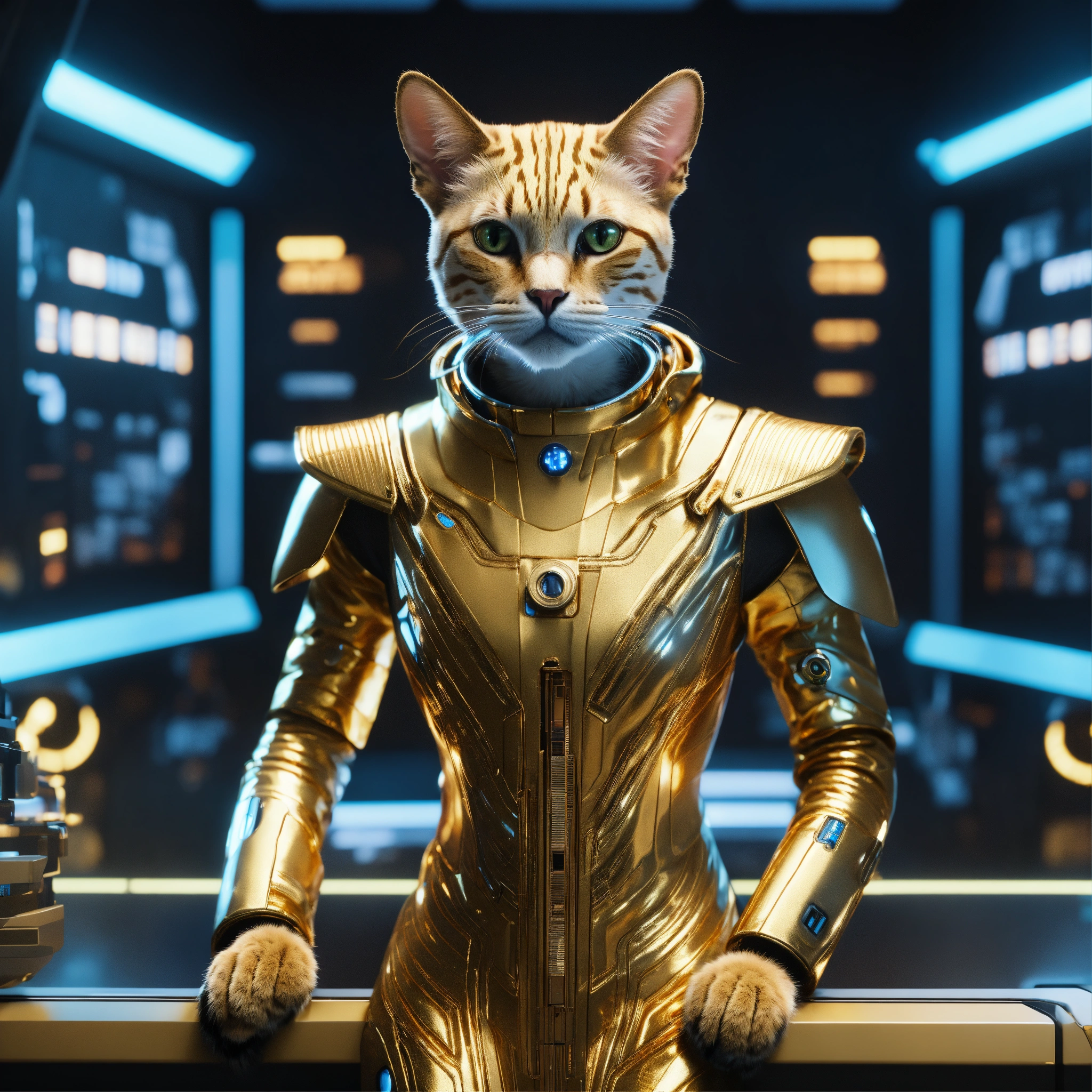 Lexica - Zoom out from a sophisticated gold striped cat faced humanoid ...