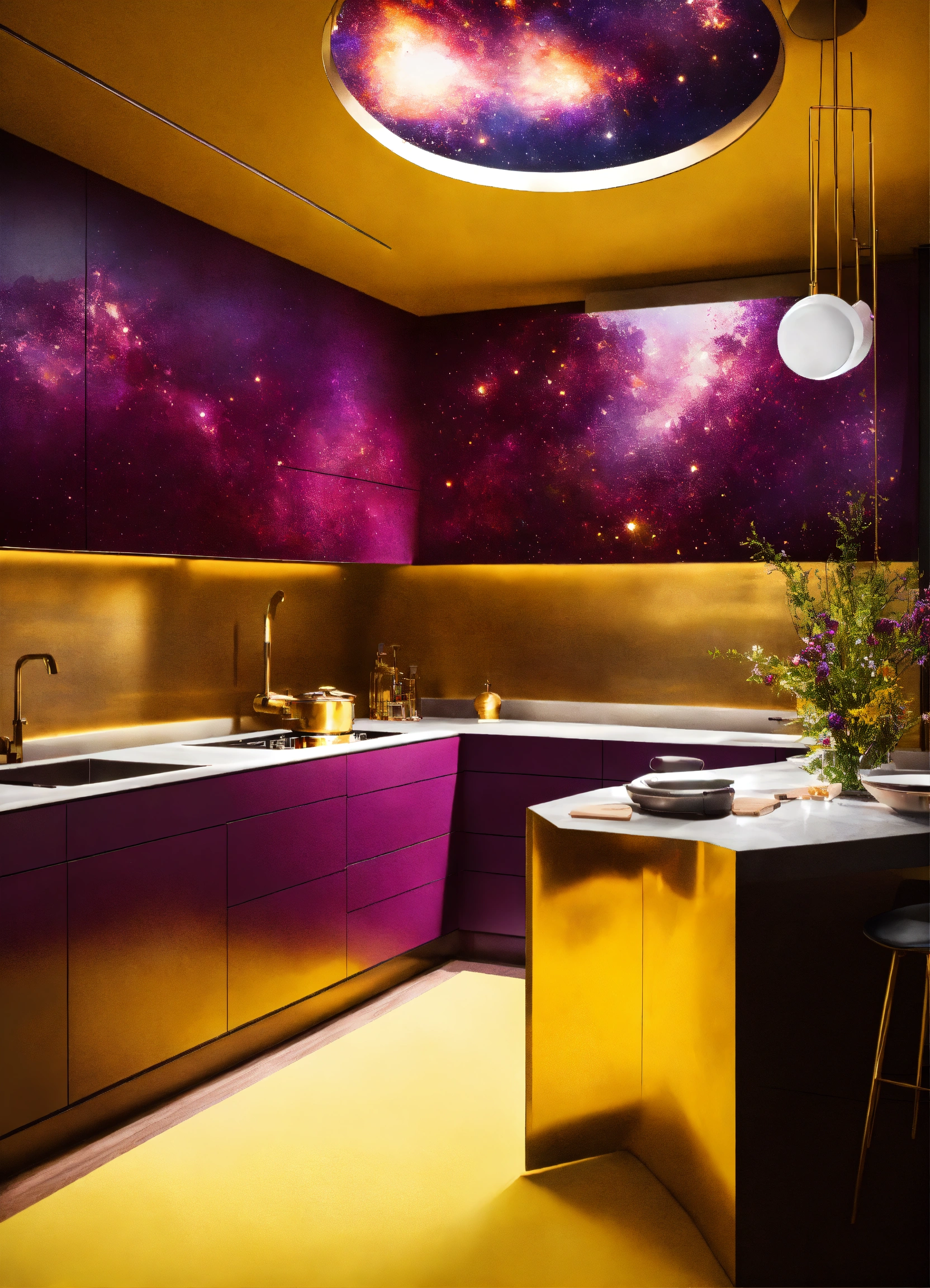 Lexica - A cosmic kitchen with yellow gold purple magenta colors a lot ...