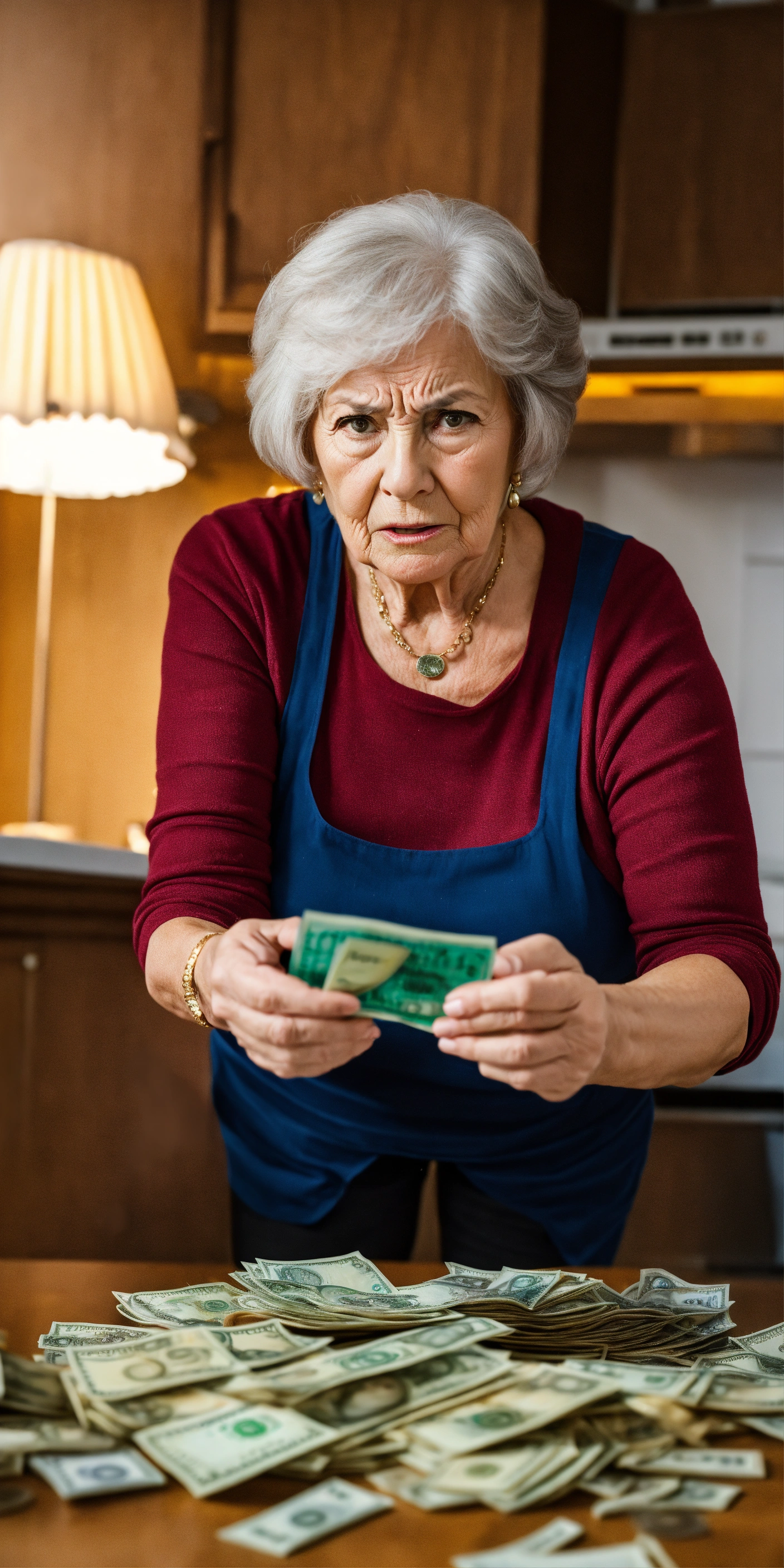 Lexica - A woman in her 60s in a domestic setting. Angry, counting the ...