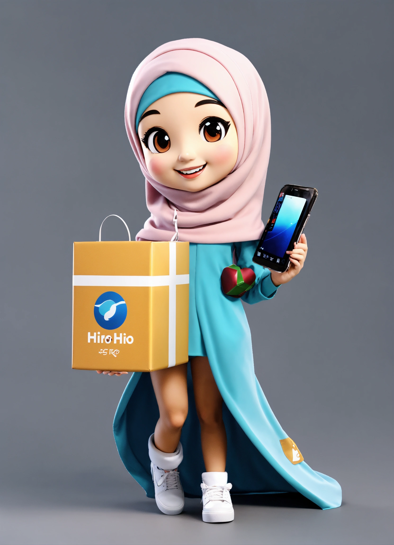 Lexica - Some Girl super hiro, hijab, mascot, full body, 3d, holds celphone, big smile, bring ...