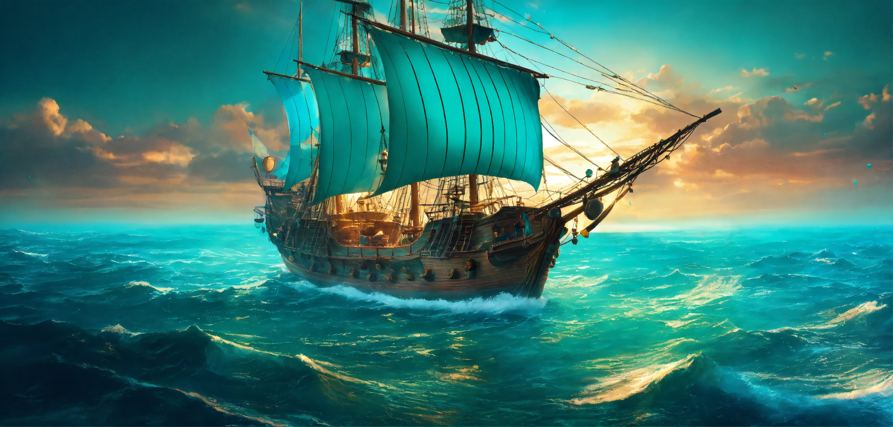 Lexica - A pirate ship in open sea changing course, aerial view ...