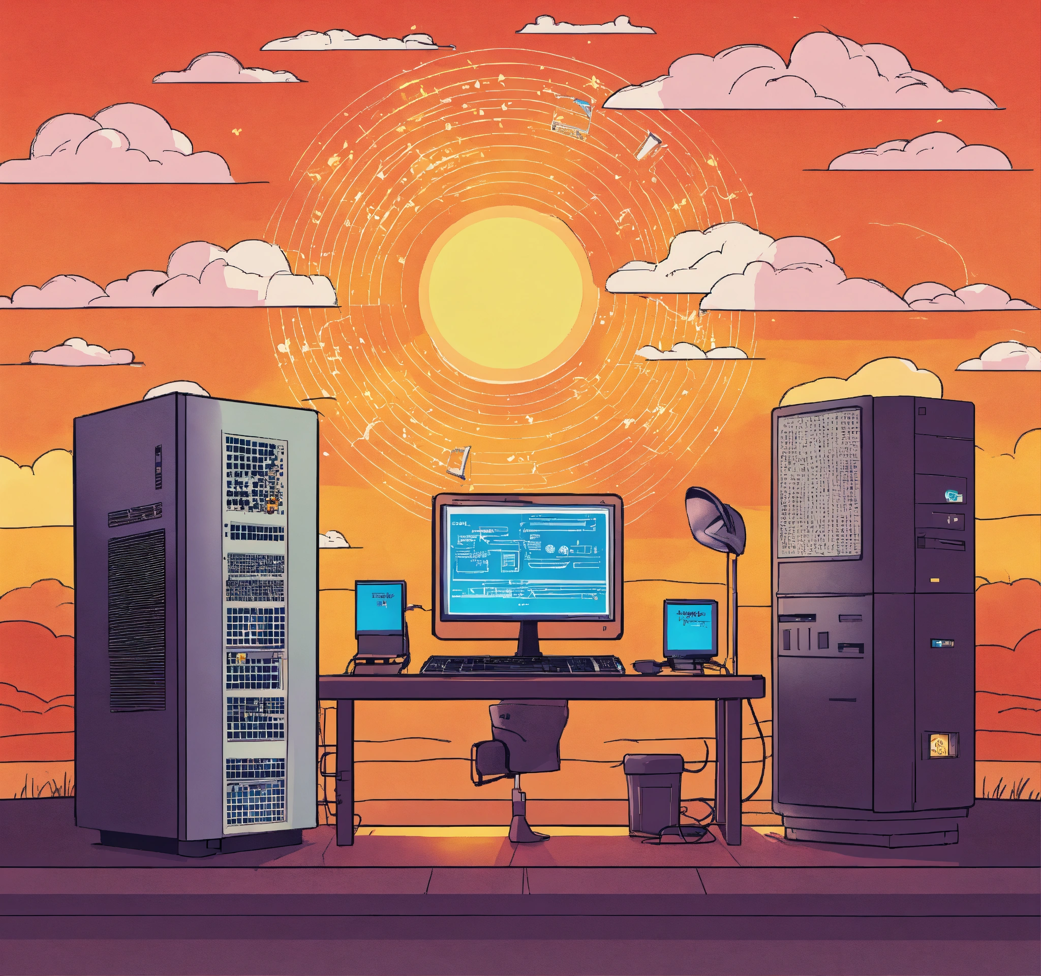 Lexica - Please generate a lively picture of computers and cybersecurity under sunshine and clouds.