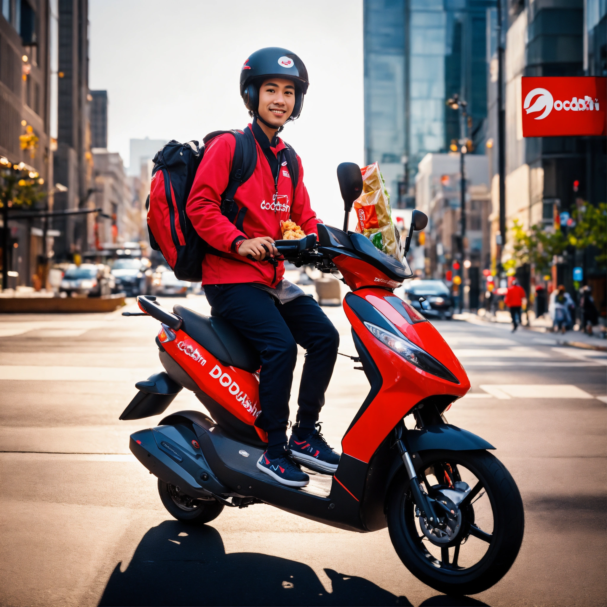 Lexica - A photo of a delivery person on a scooter. The delivery person ...