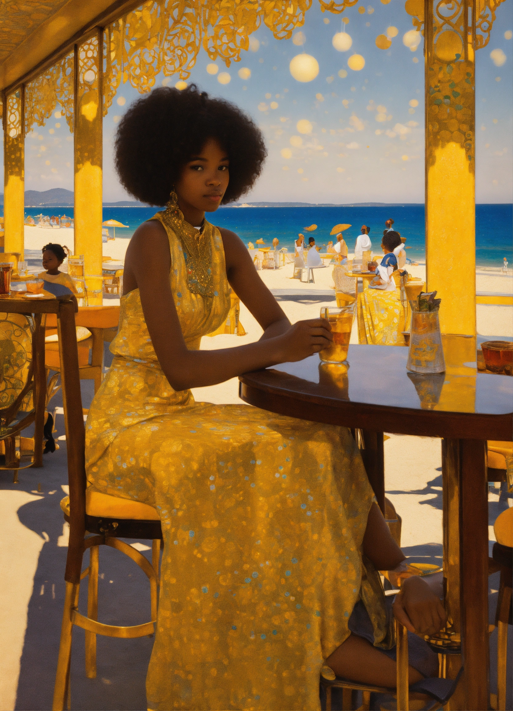 Lexica - An African American girl sitting in a beachfront restaurant ...