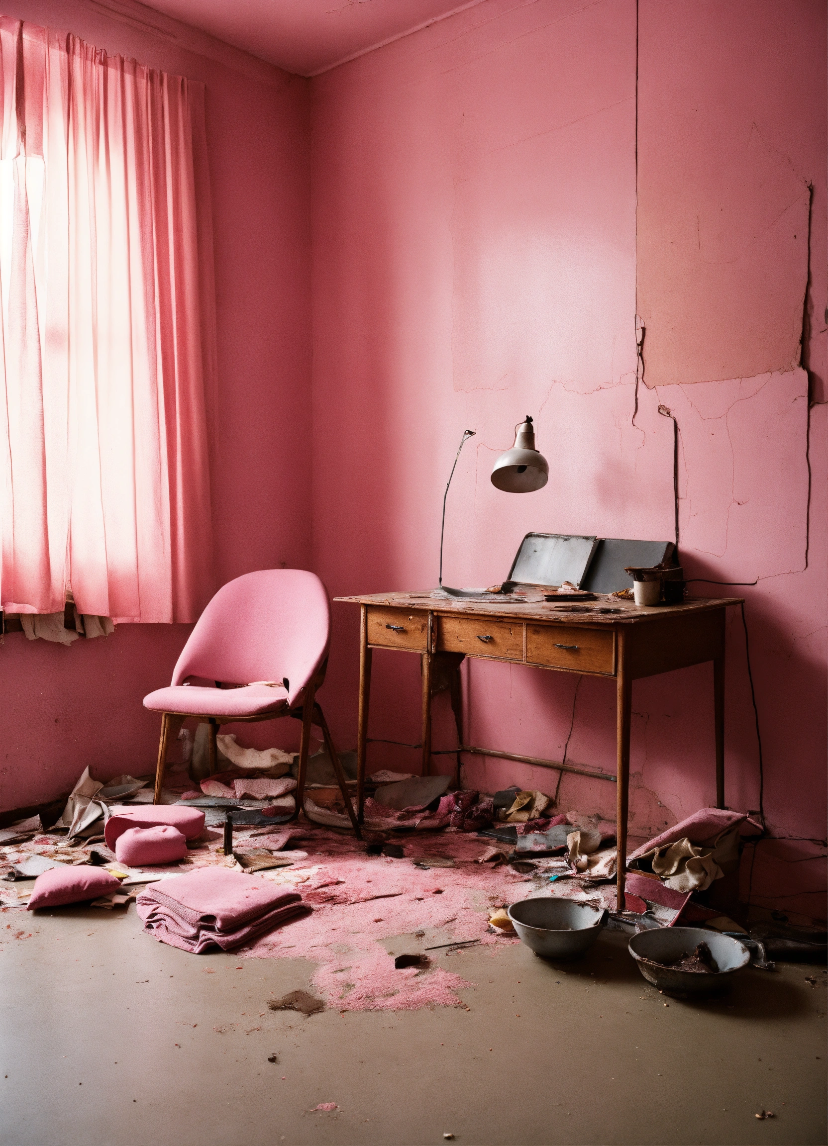 Lexica - Pink dirty room with broken minimalist furniture