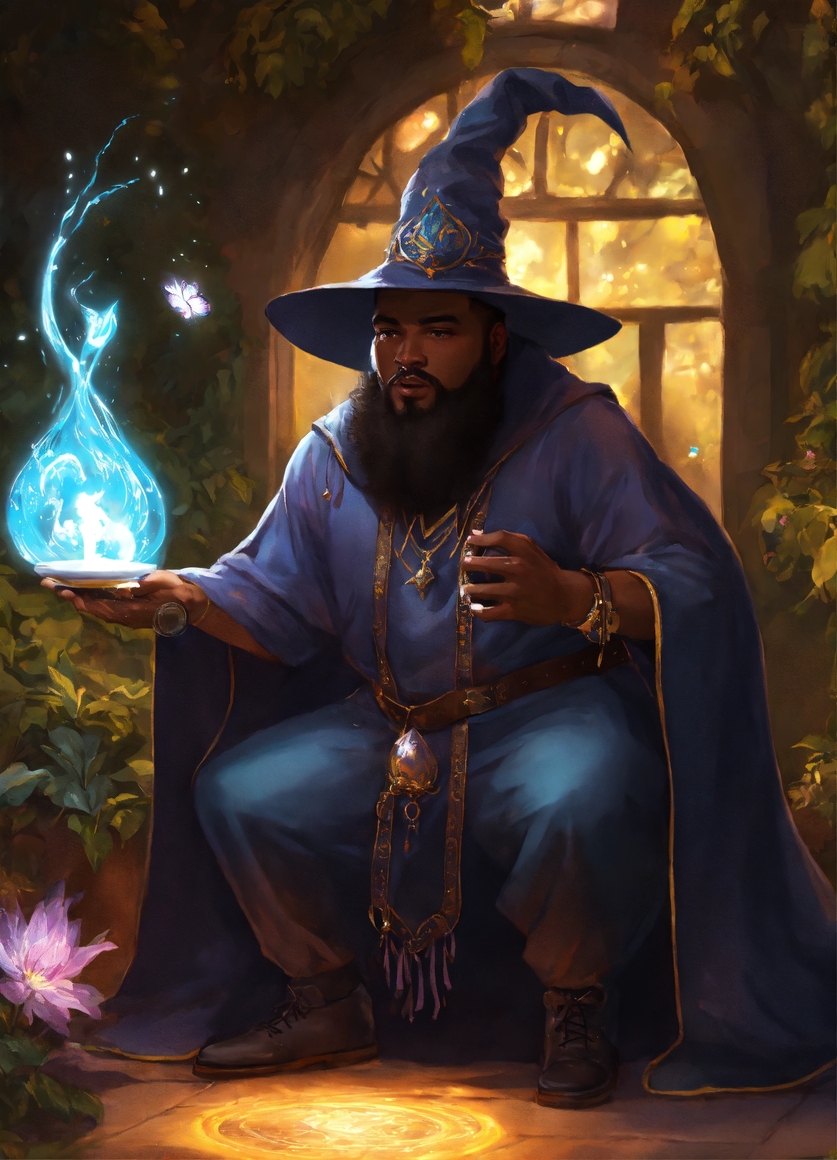 Lexica - Stocky black guy wizard summoning a fairy