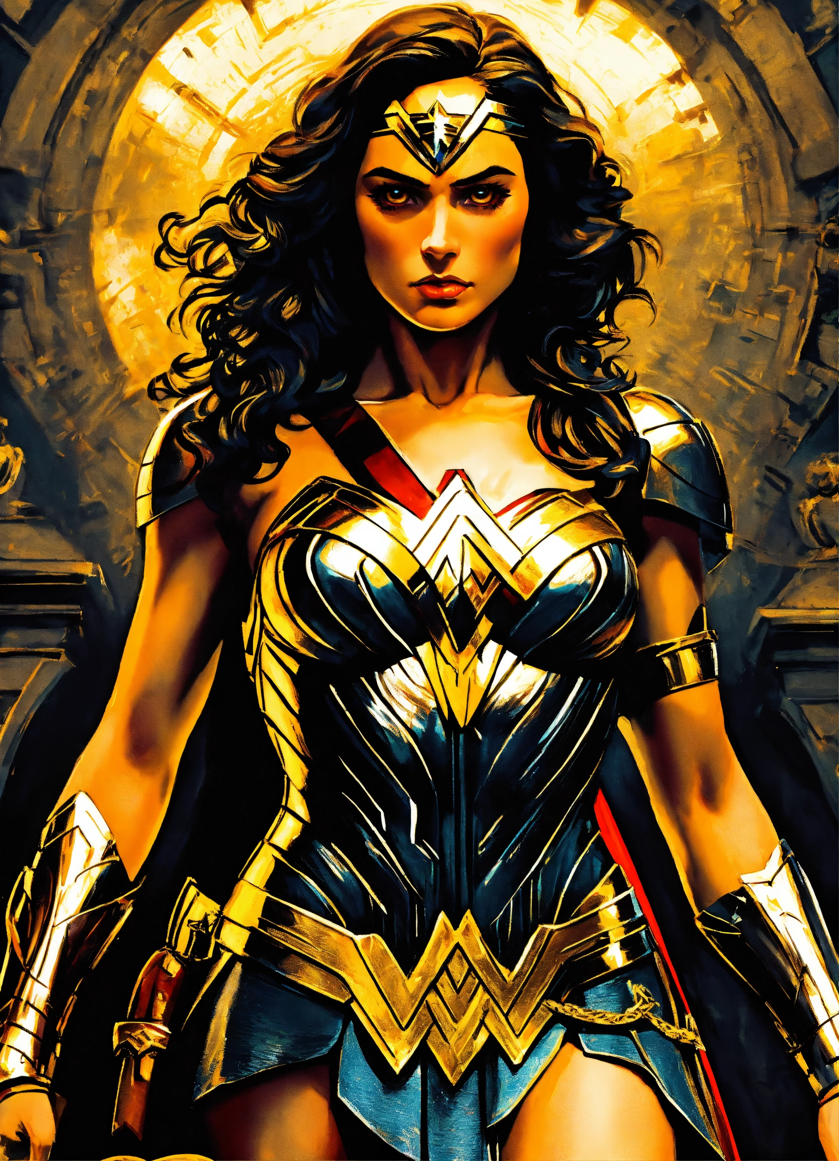 Lexica - Wonder Woman, action pose, glowing golden eyes, sharp focus ...