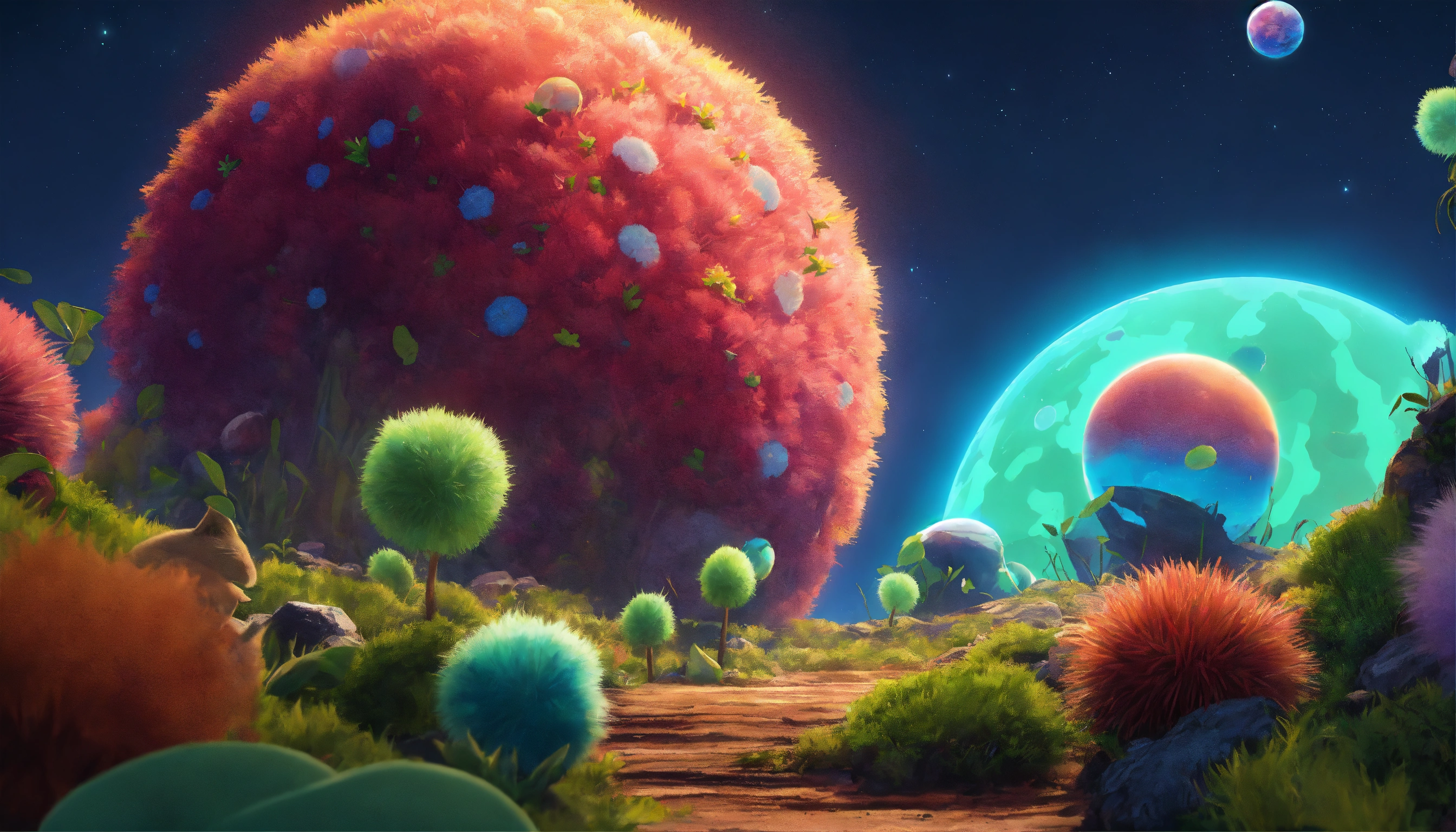 Lexica - A planet with furry plants, pixar art style, poster for cartoon
