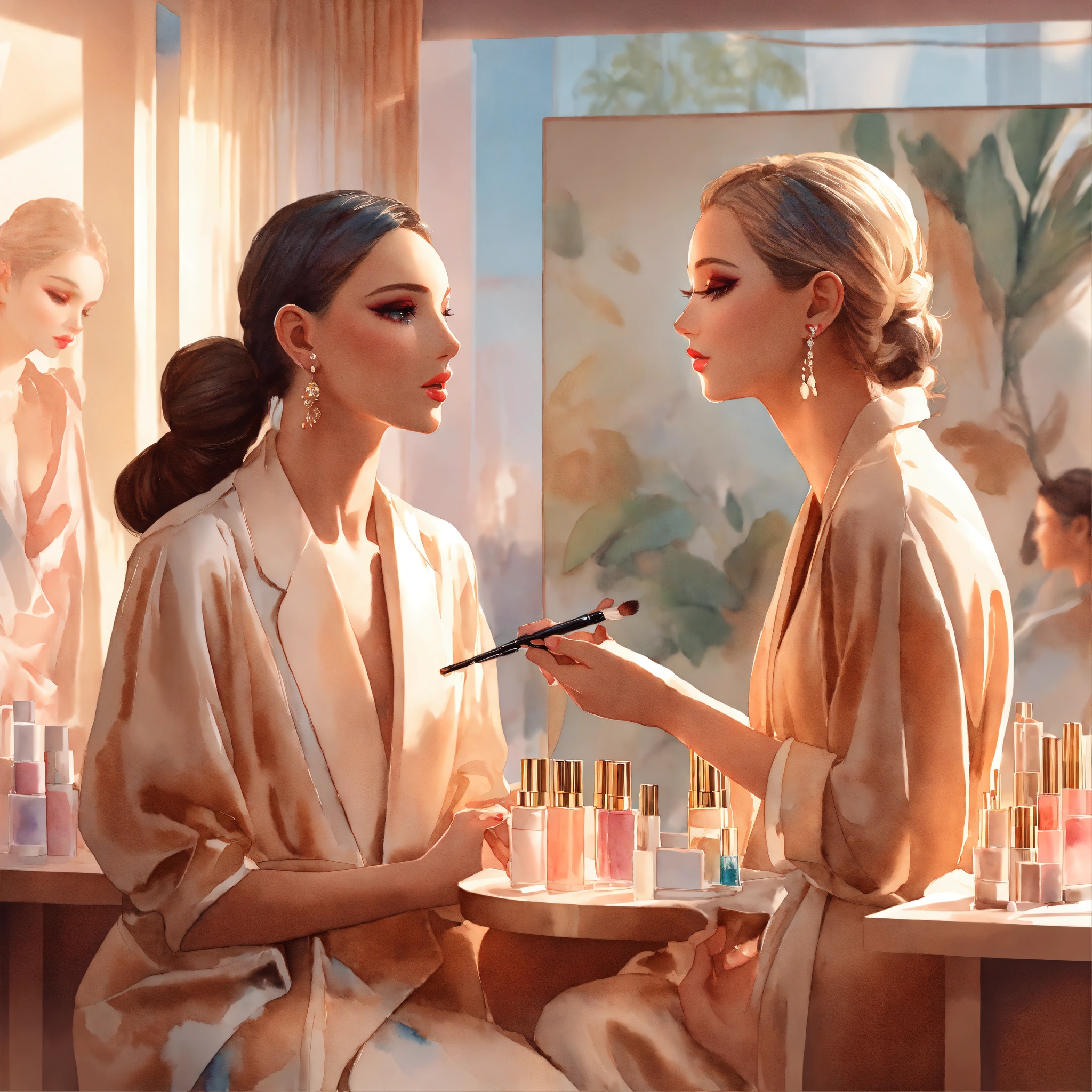 Lexica - Makeup artist and a beautiful client, gossiping in a beauty ...