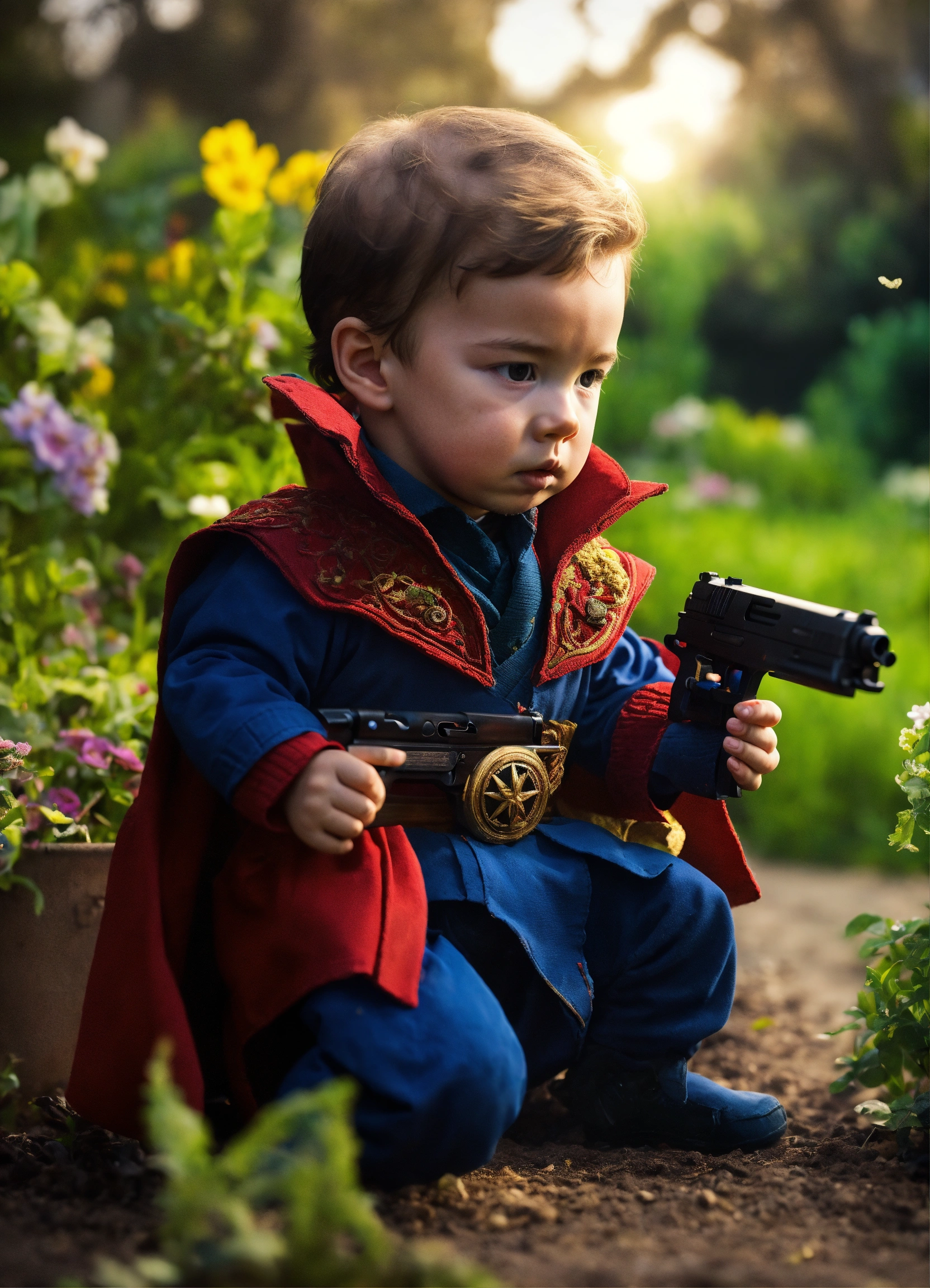 Lexica - Realistic, baby doctor strange playing gun, in the garden ...