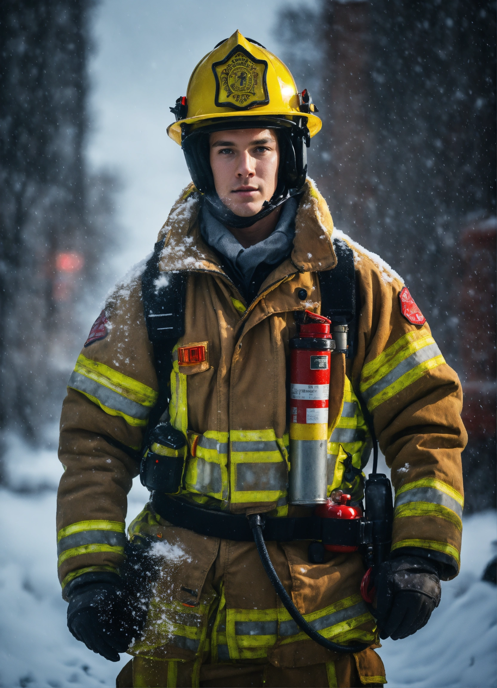 Lexica - A handsome blond firefighter, wearing protective gear, gloves ...