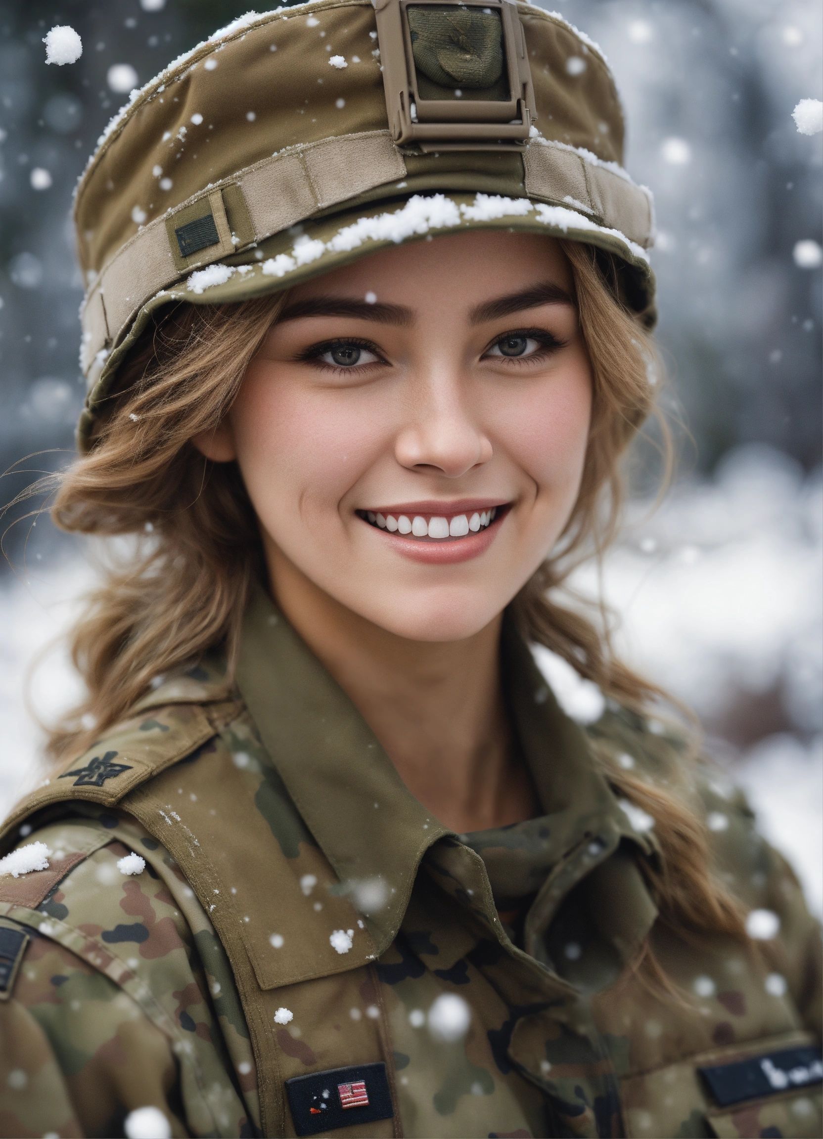 Lexica - A beautiful super realistic army girl, snow, radiant smile ...