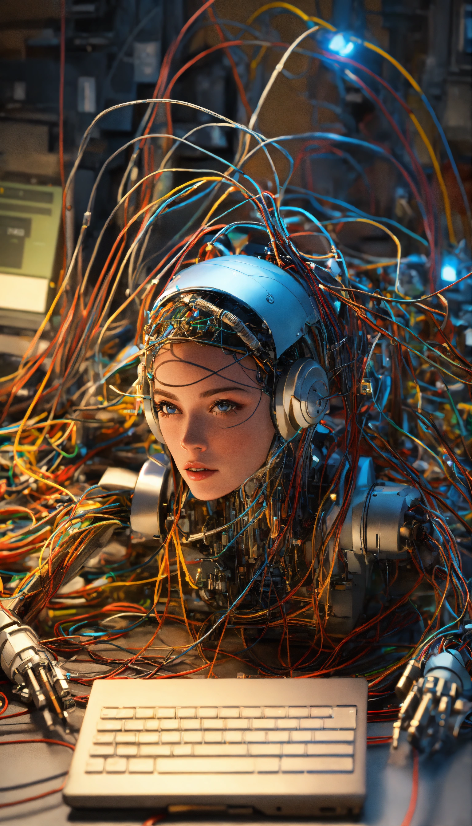 Lexica - Robot woman laying down plugged with hundreds of wires up to a ...