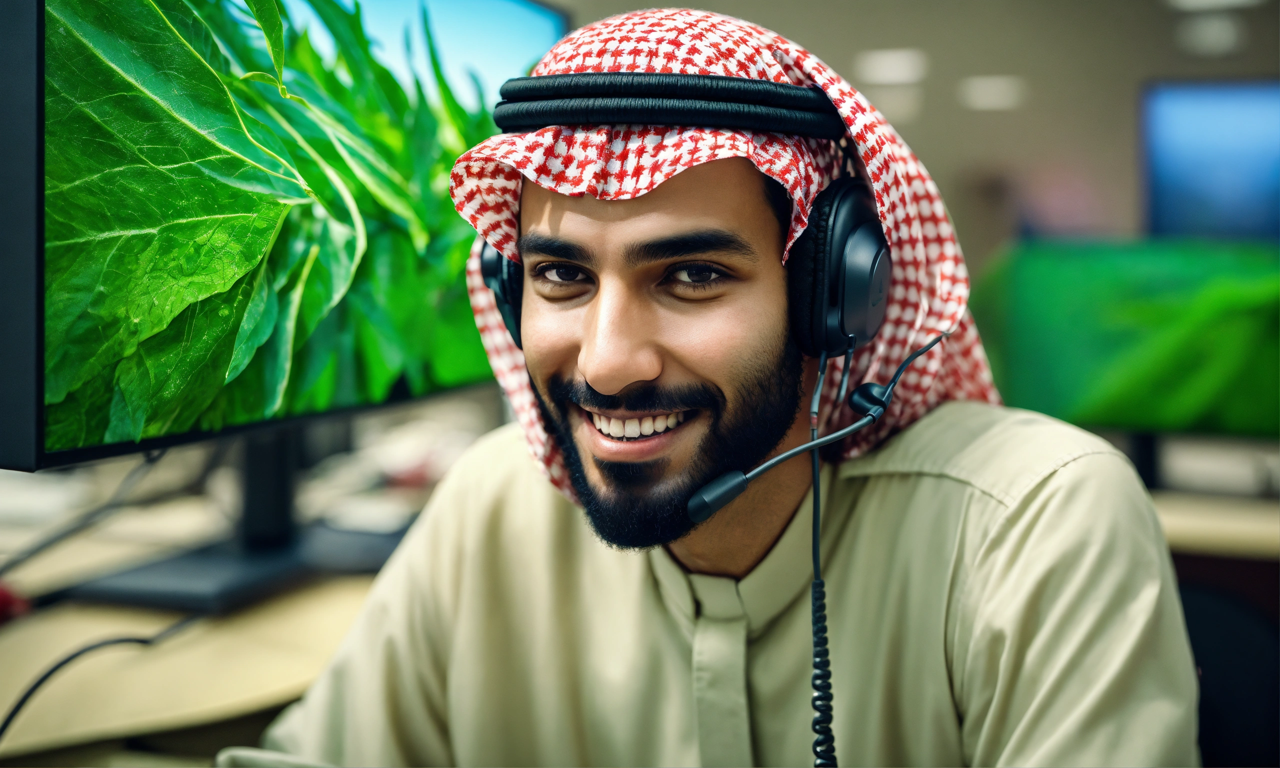 Lexica - Saudi men, smile, in call center, head phone, veiled, green ...