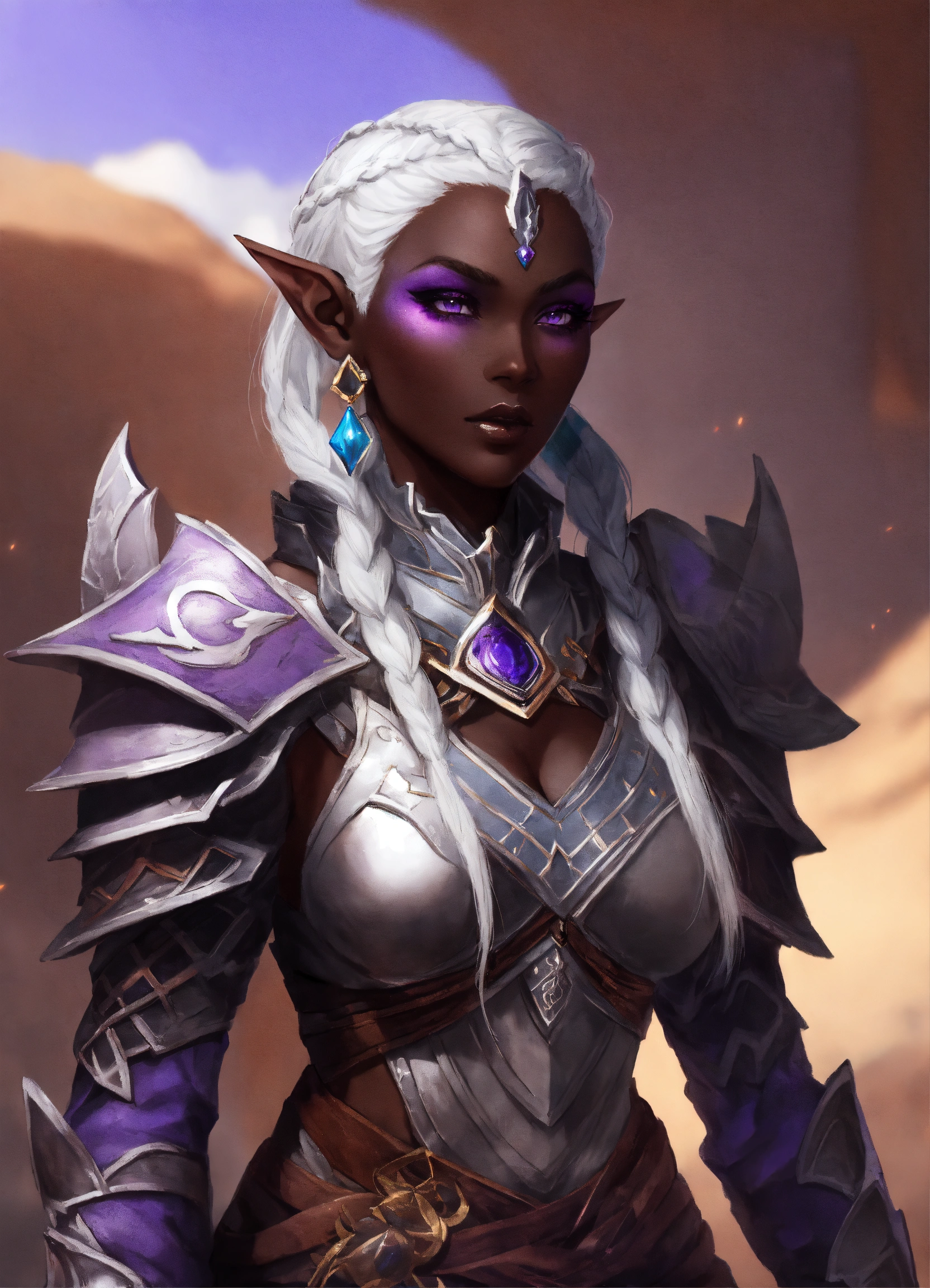 Lexica - A beautiful drow woman in sun themed armor. she has braids and dark gray skin. obsidian ...