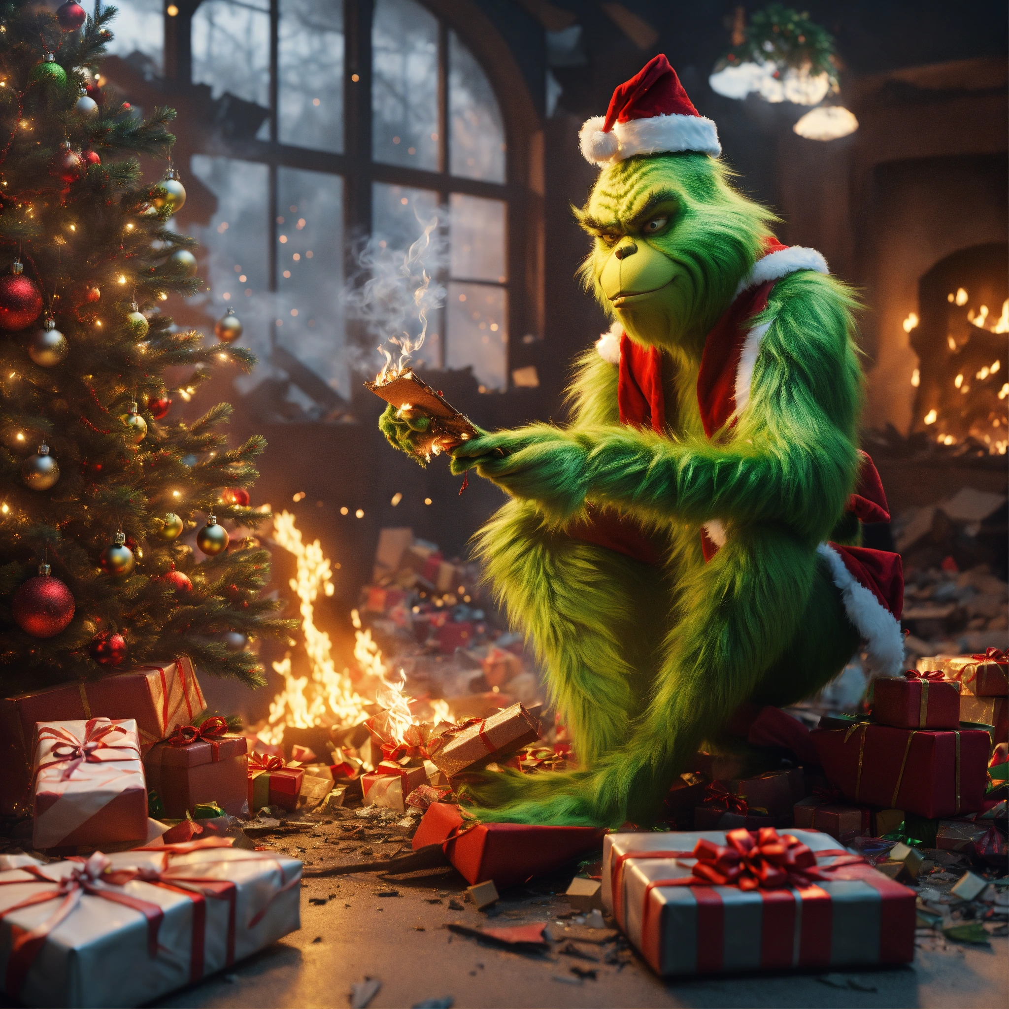 Lexica - A classical painting of evil Grinch standing around destroyed ...