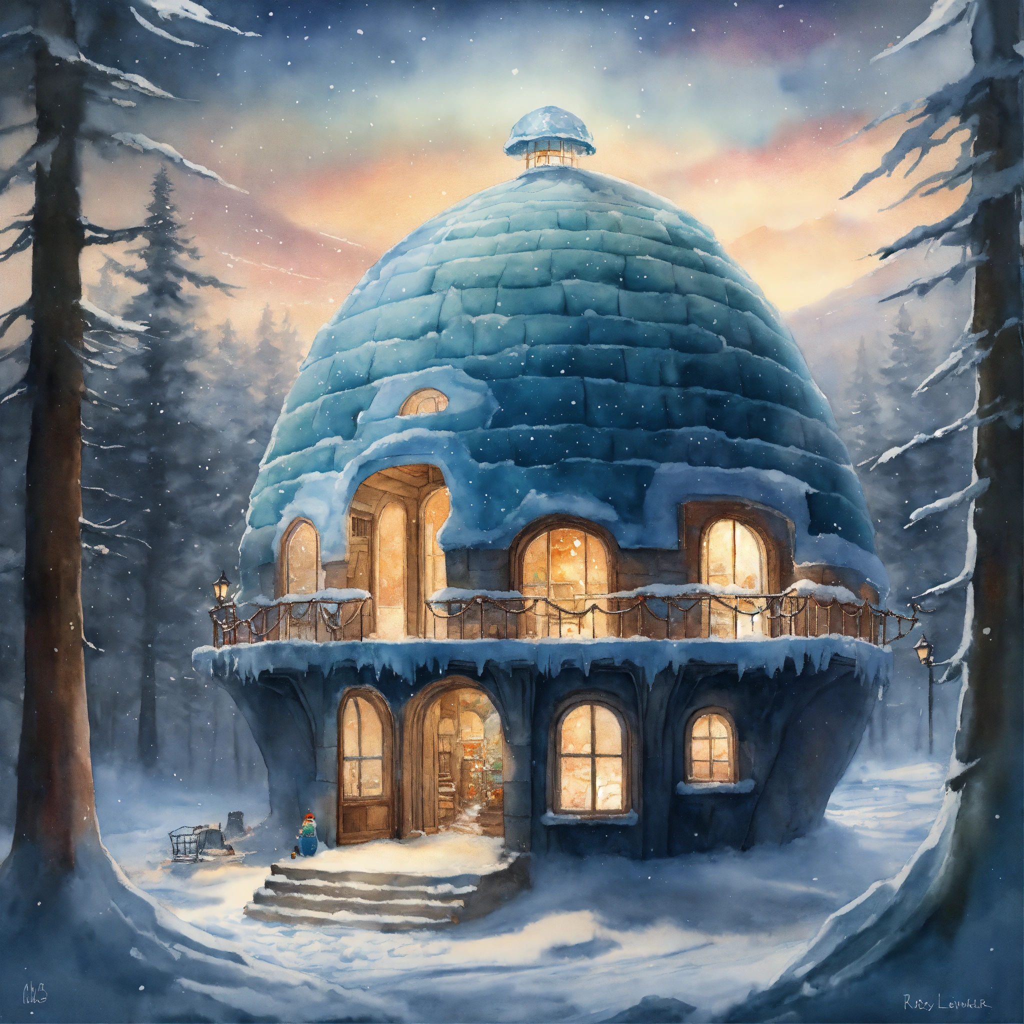 Lexica - A watercolor painting depicting an intricately detailed igloo, partitioned into four ...